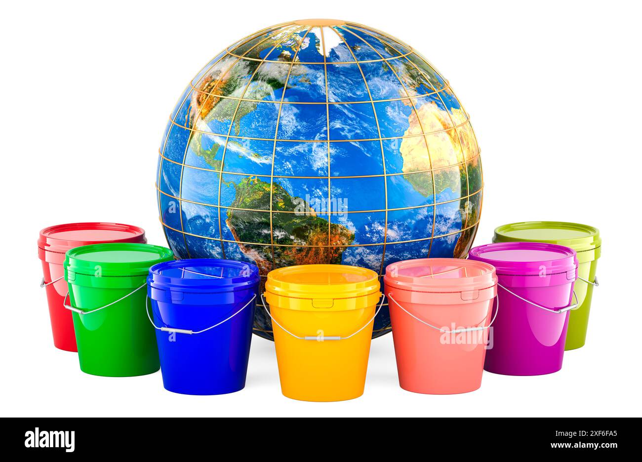 Colored Paint Buckets with Earth Globe, 3D rendering isolated on white ...