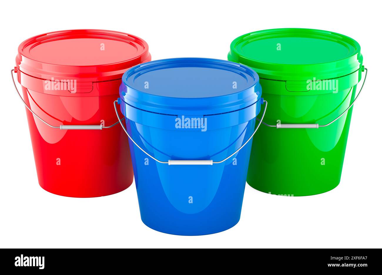 Red, Green and Blue Plastic Paint Buckets, 3D rendering isolated on ...