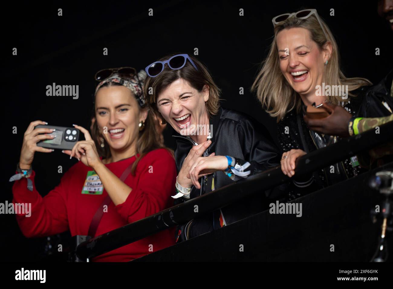 Jodie Whittaker, right, attends the Paloma Faith performance during the ...