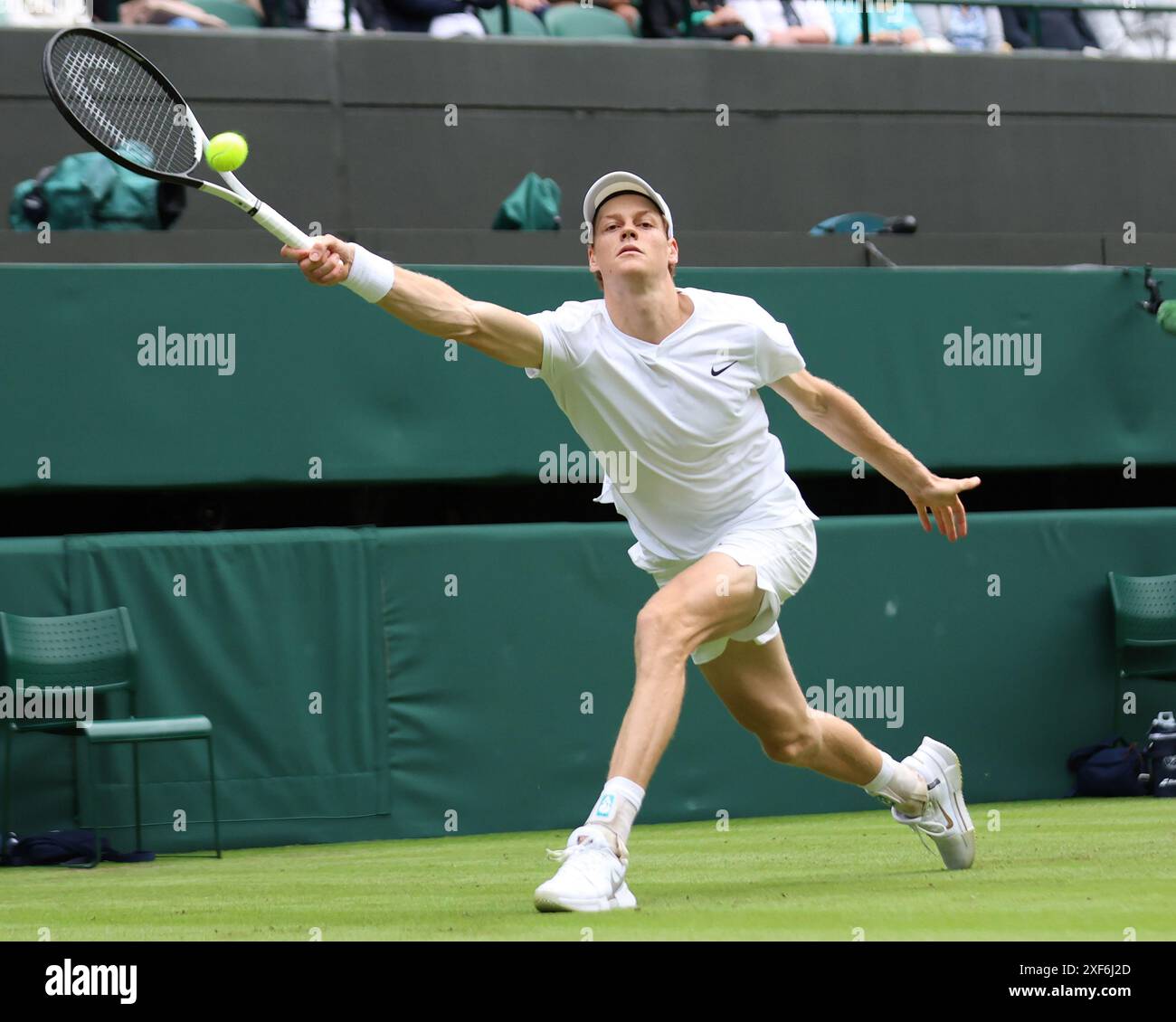 London, UK. 01st July, 2024. Italian jannik Sinner plays a forehand in ...