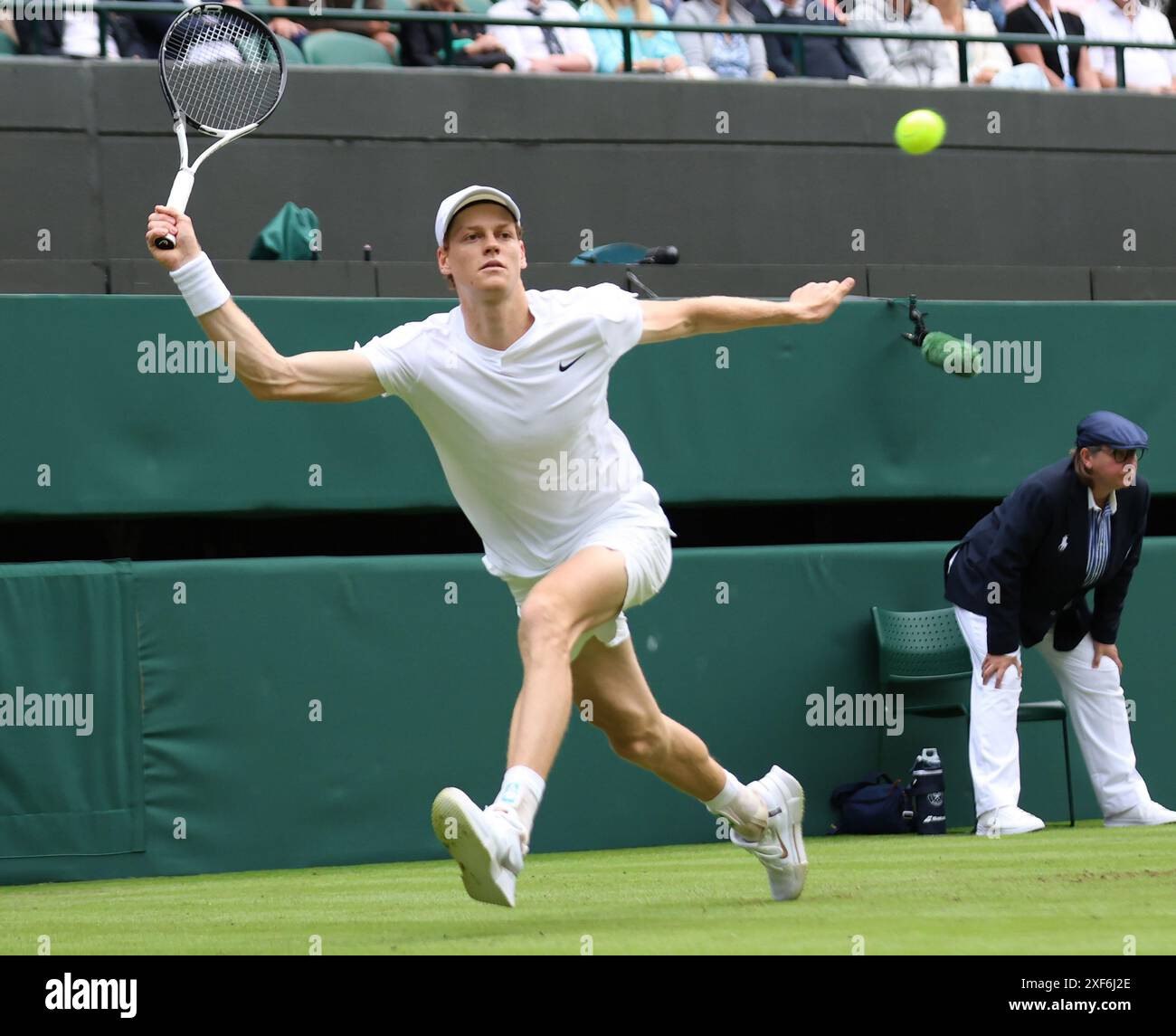 London, UK. 01st July, 2024. Italian jannik Sinner plays a forehand in ...
