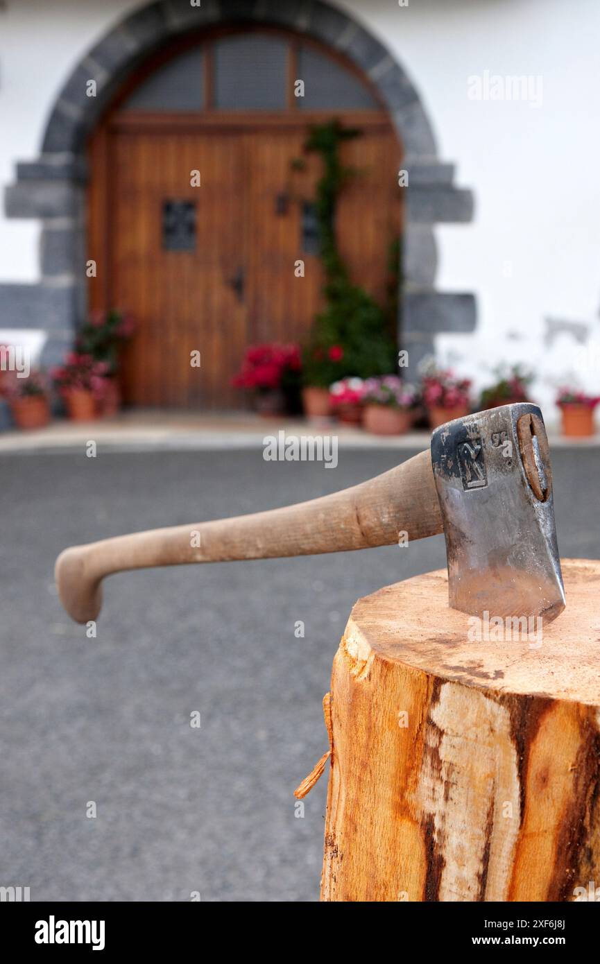 Aizkolari (wood-chopping), Basque rural sport, Aduna, Gipuzkoa, Basque ...