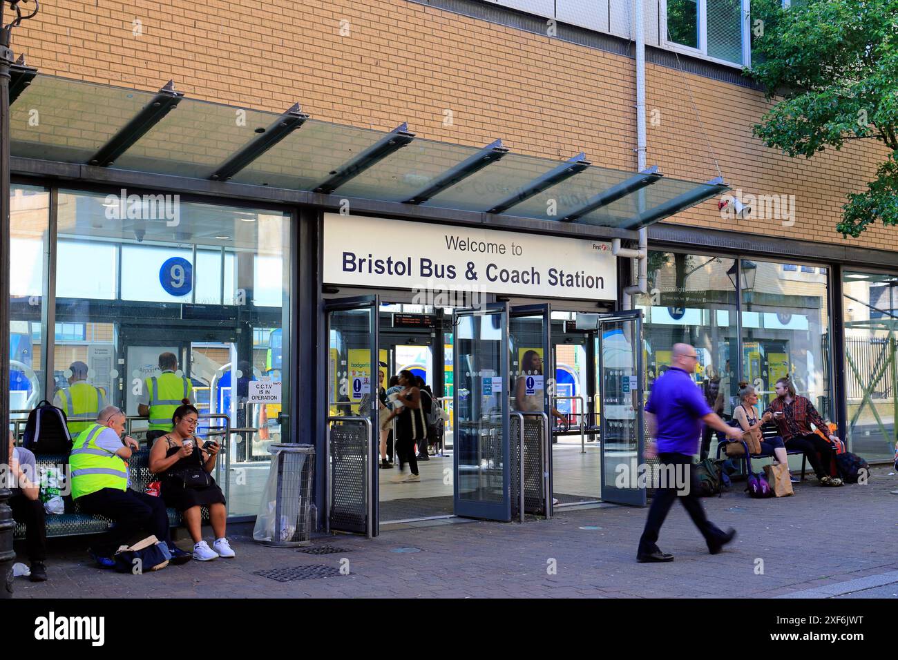 Entrance to Bristol Bus and Coach Station with people coming and going ...
