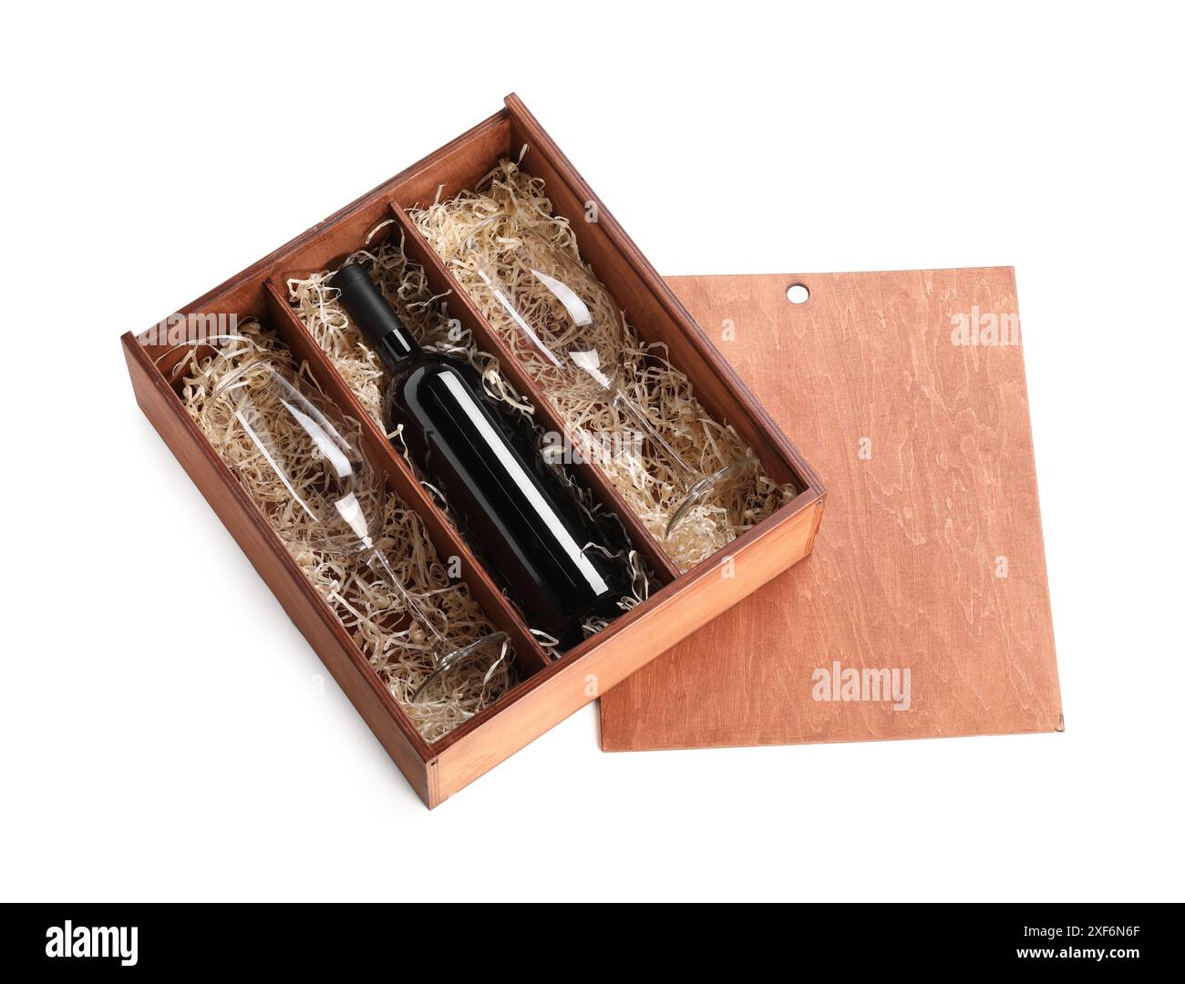 Wooden gift box, wine and glasses isolated on white, top view Stock ...