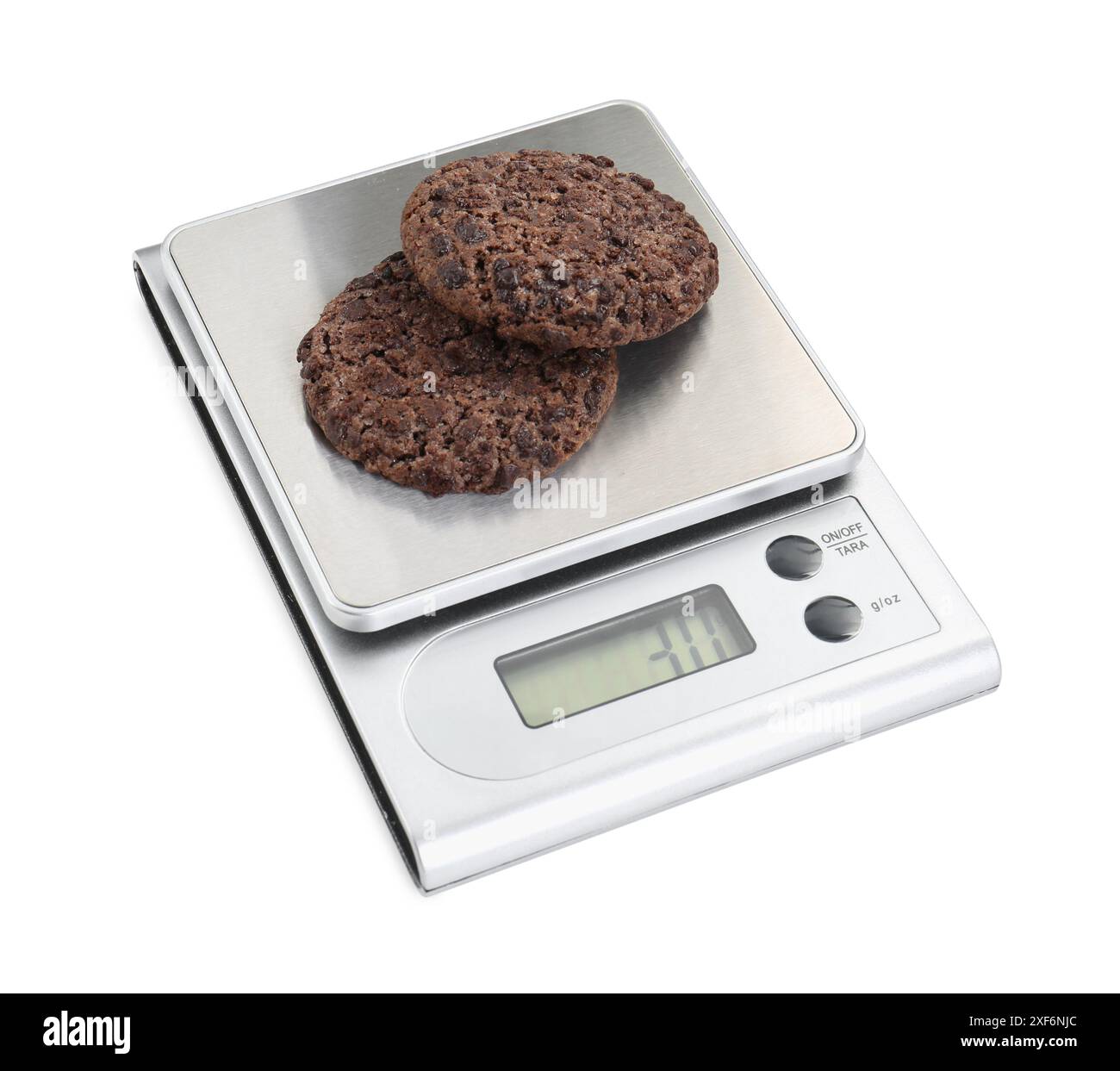 Kitchen scale with chocolate cookies isolated on white Stock Photo - Alamy