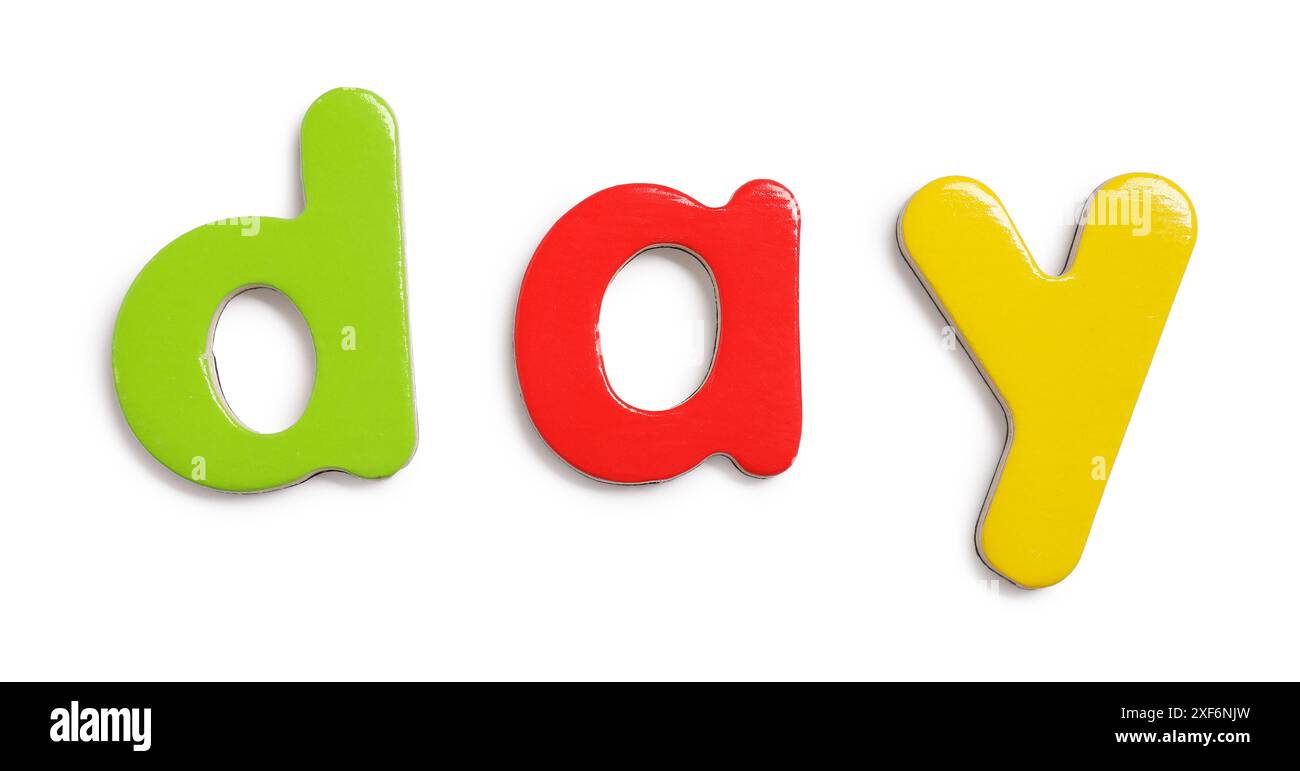 Alphabet. Word Day of magnetic letters isolated on white, top view ...