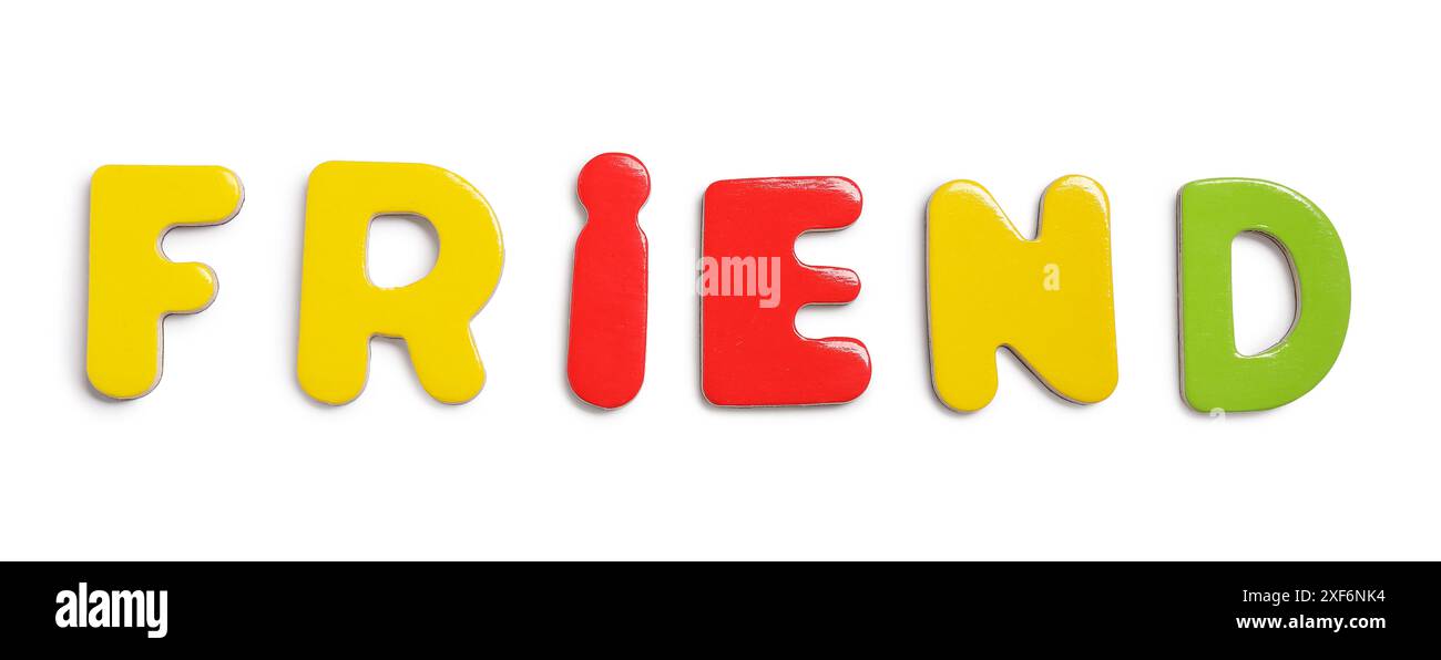 Alphabet. Word Friend of magnetic letters isolated on white, top view ...