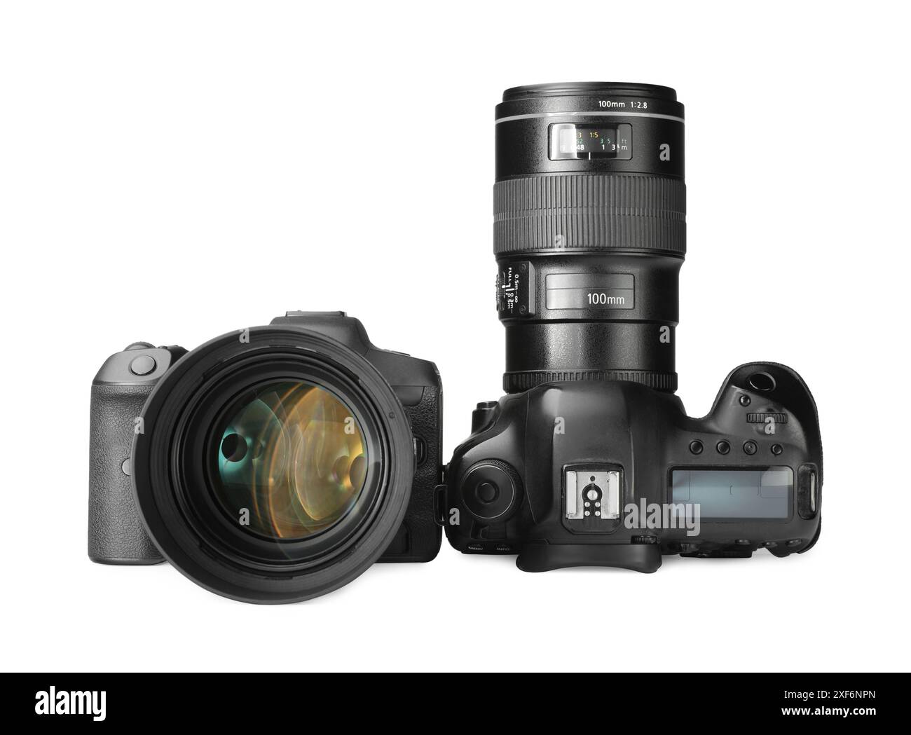 Modern cameras isolated on white. Photographer's equipment Stock Photo ...