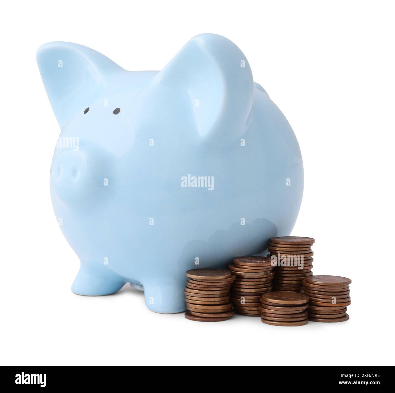 Light blue piggy bank and coins isolated on white Stock Photo - Alamy