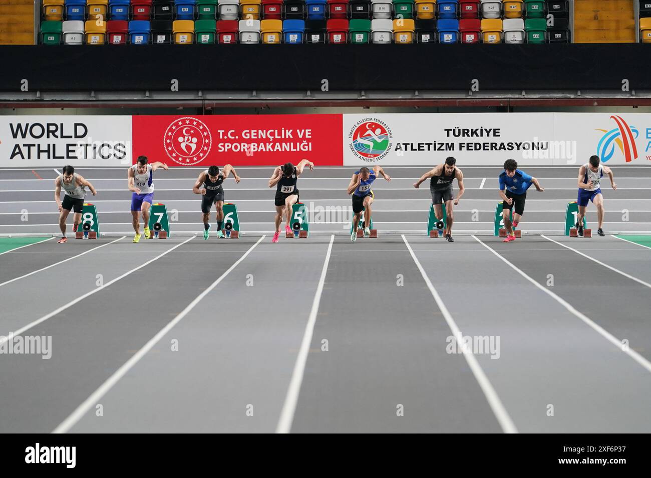 ISTANBUL, TURKIYE - FEBRUARY 17, 2024: Athletes running 60 metres ...