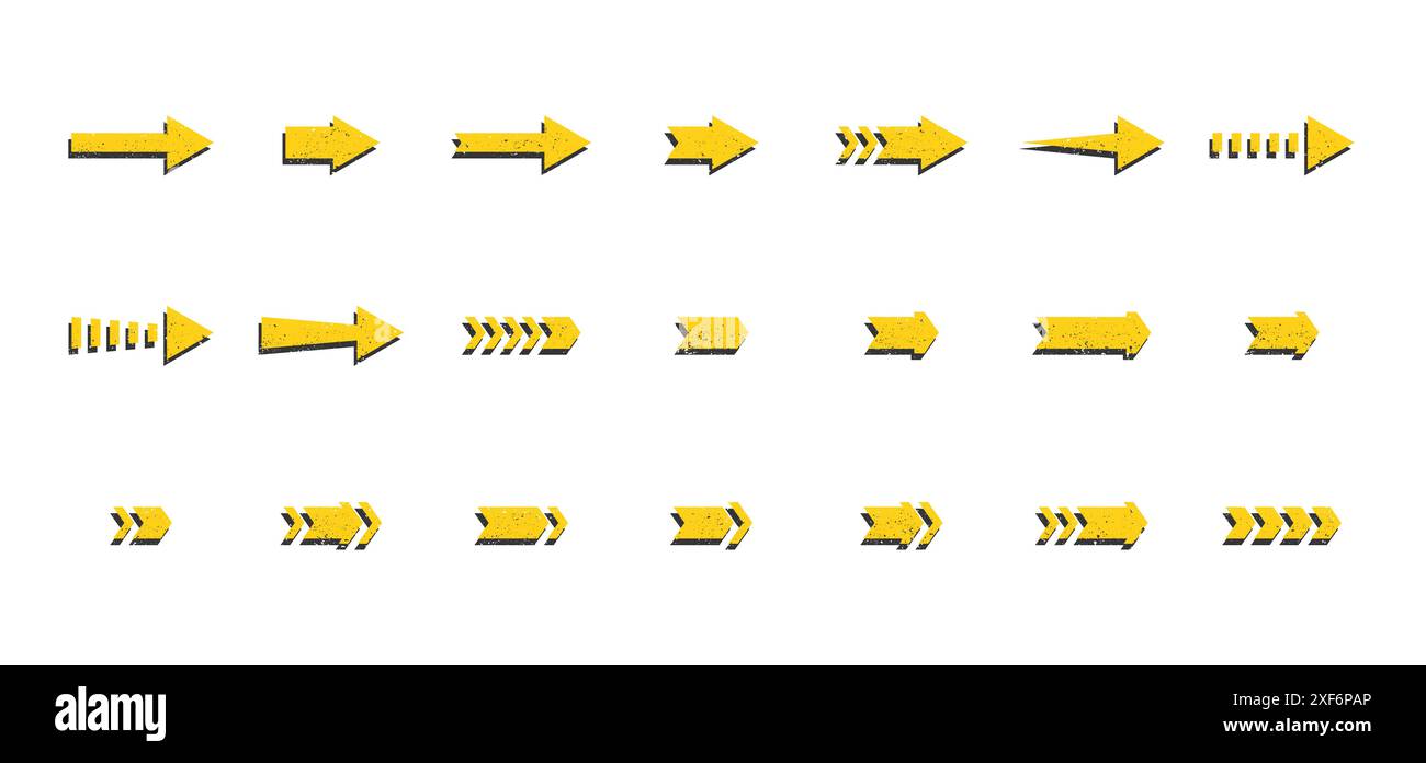 Grunge texture arrows icons set. Yellow scratched arrows collection ...