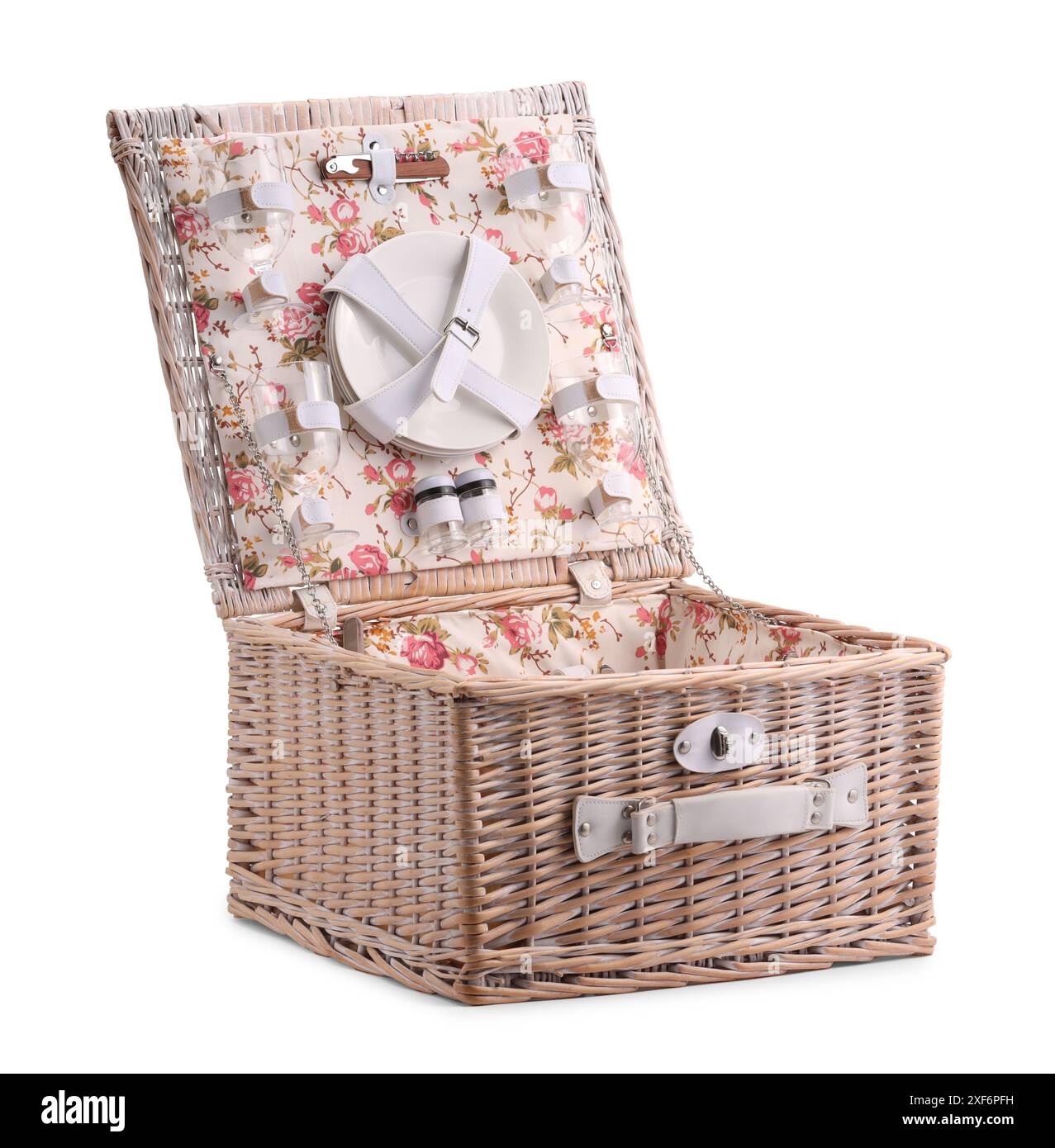 One open picnic basket with tableware isolated on white Stock Photo - Alamy