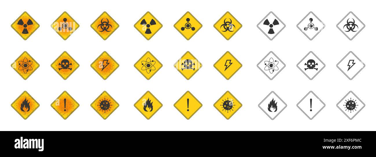 Set of Warning Hazard Signs. Includes black and white, yellow, and ...
