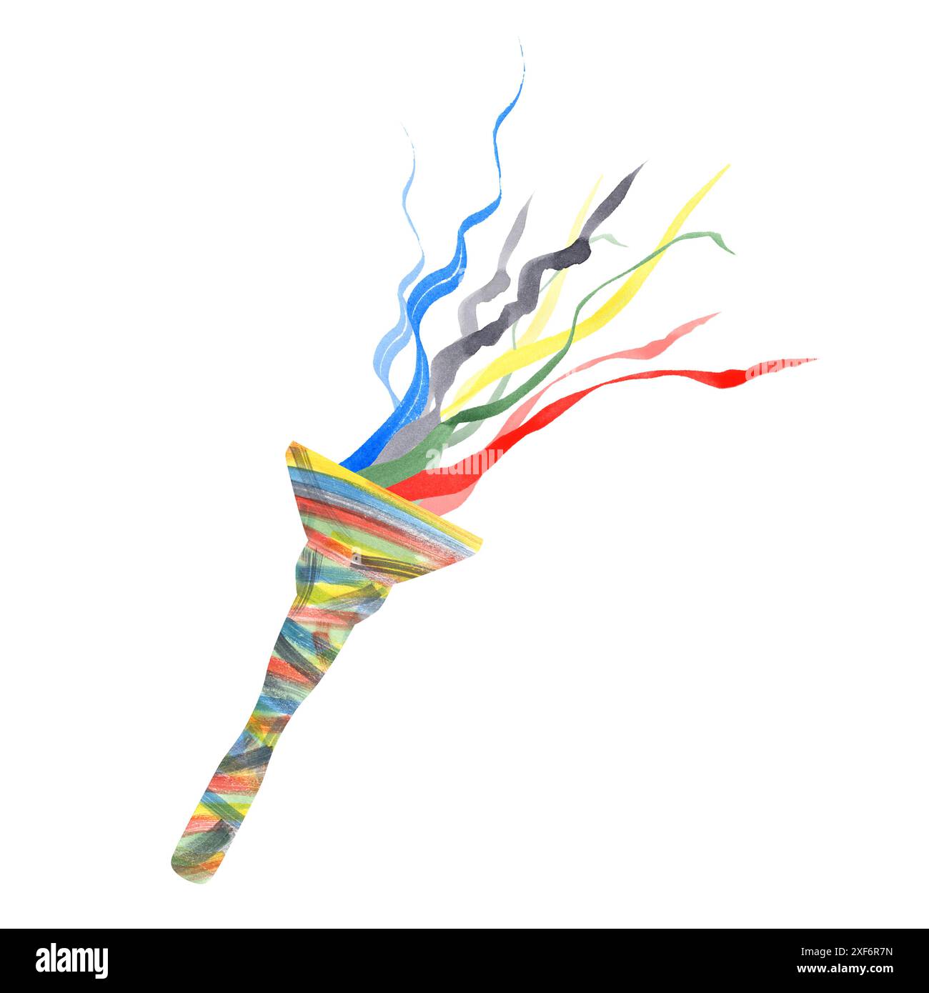 Handcrafted torch with colorful flame imitation tapes. Wavy red, blue ...