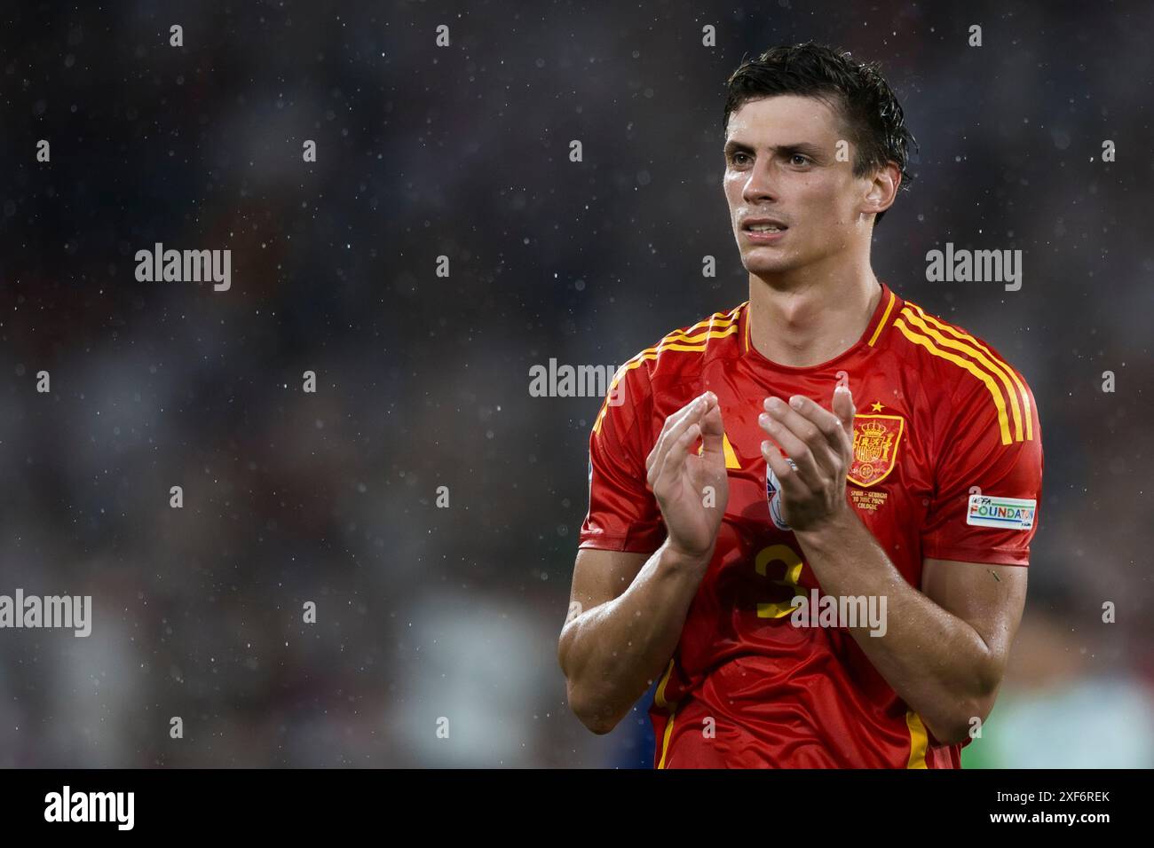 Cologne, Germany. 30 June 2024. Robin Le Normand of Spain gestures ...