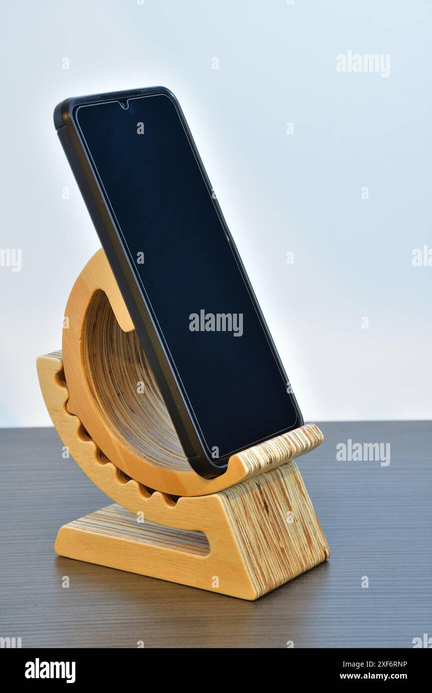 Cell phone adjustable angle wood base. Tabletop wooden smart phone ...