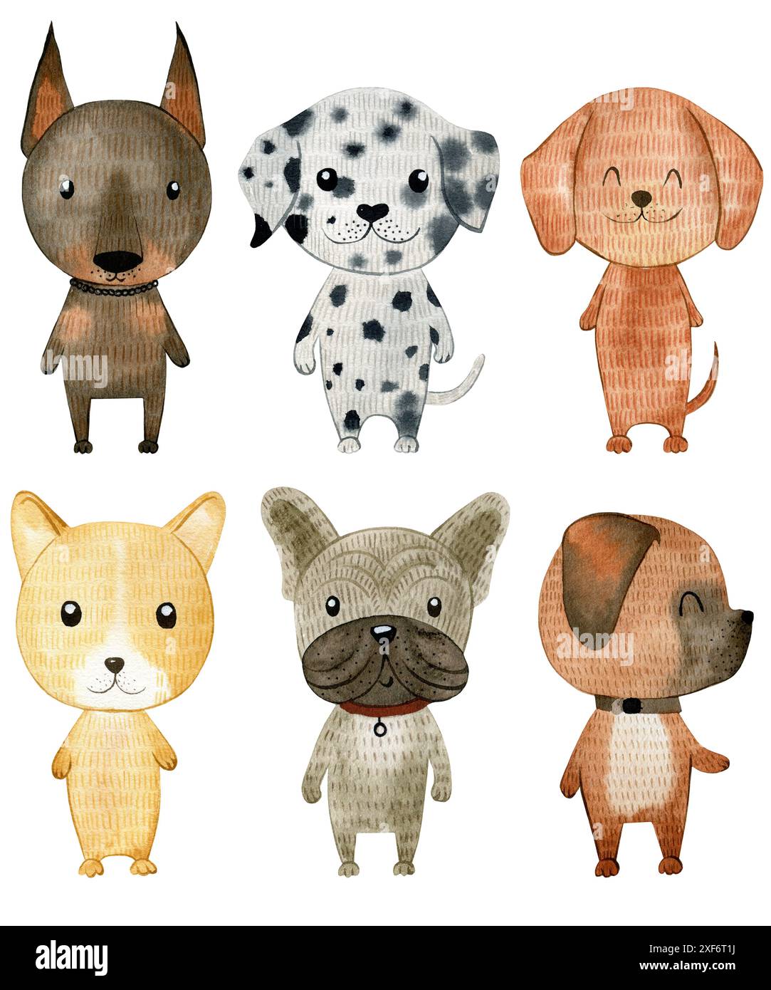 Set of watercolor dogs - doberman, dalmatian, german boxer, corgi ...