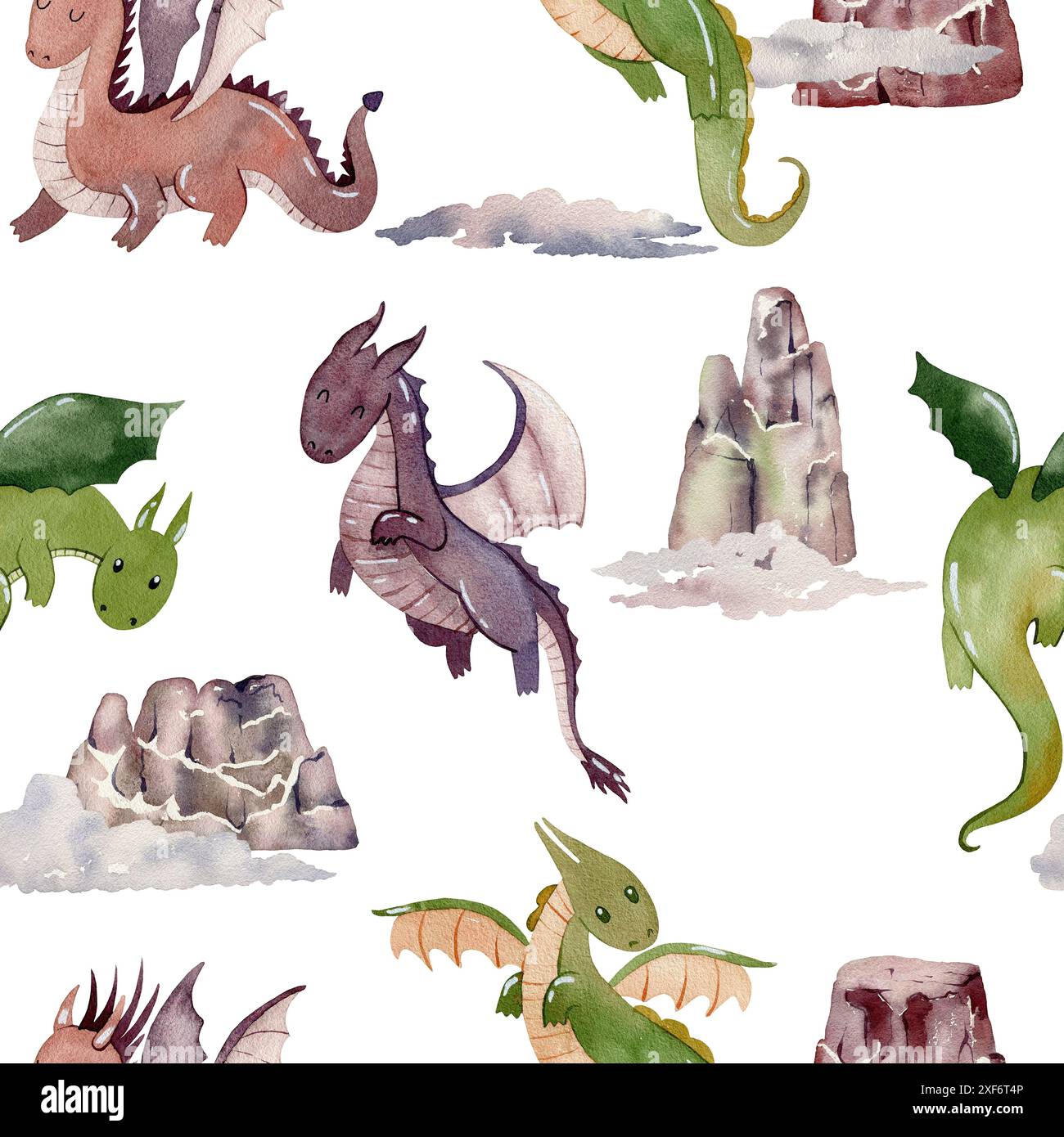 Watercolor seamless pattern with cute dragons. Hand drawn illustration ...