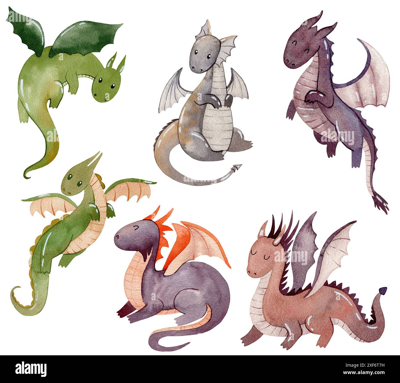 Set of cute cartoon dragons. Watercolor hand drawn illustration Stock ...