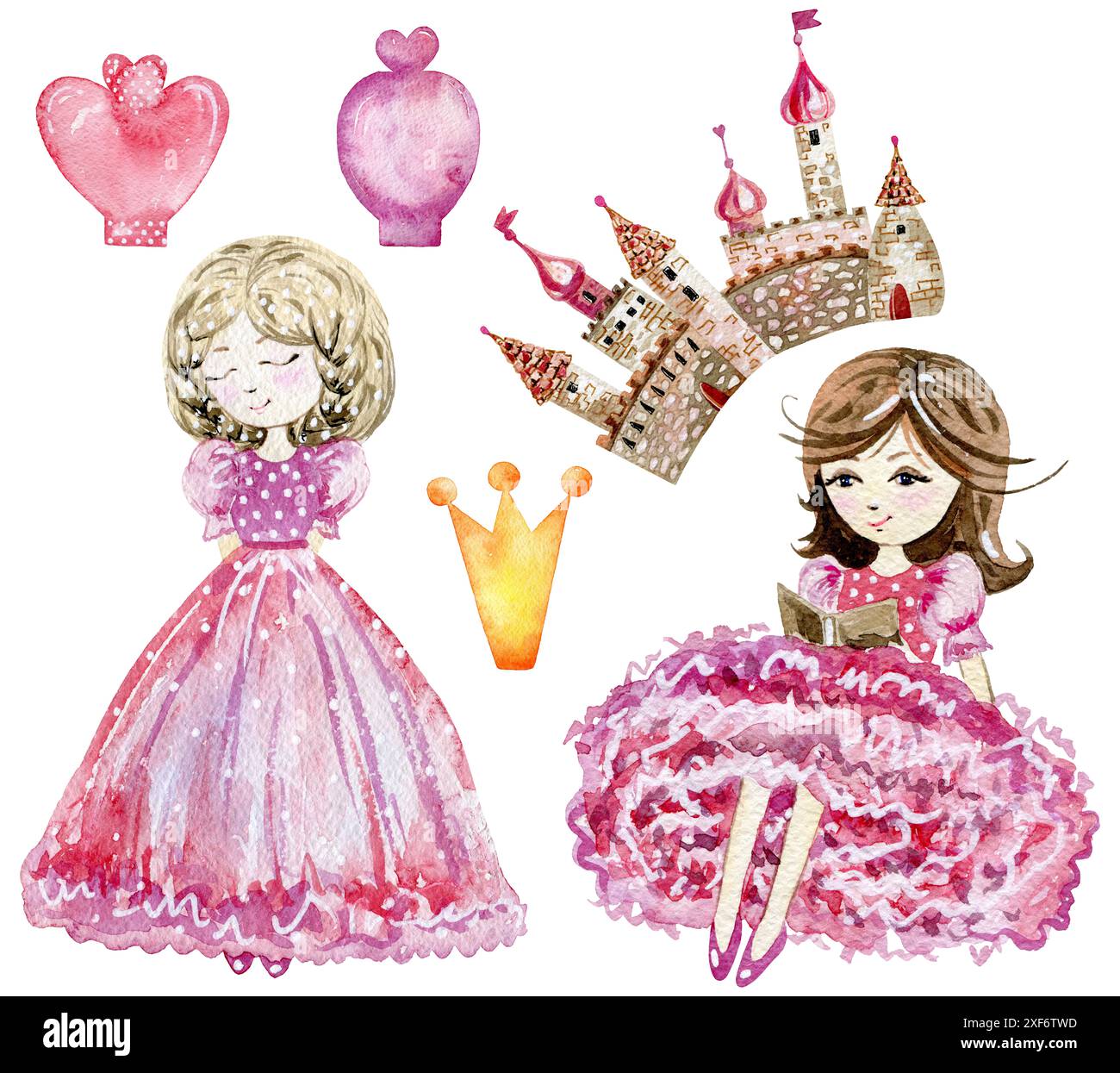 Watercolor seamless pattern with cute princess, castle. Fairy tale ...