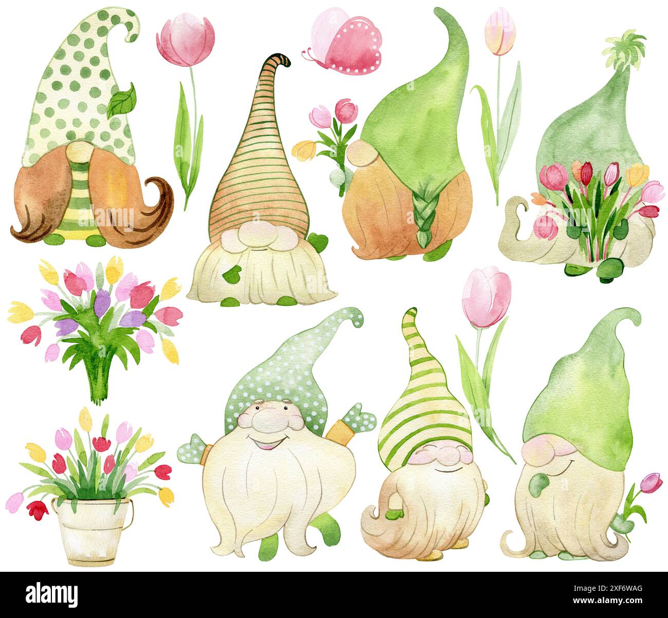 Set of watercolor spring gnomes. Hand drawn illustration Stock Photo ...