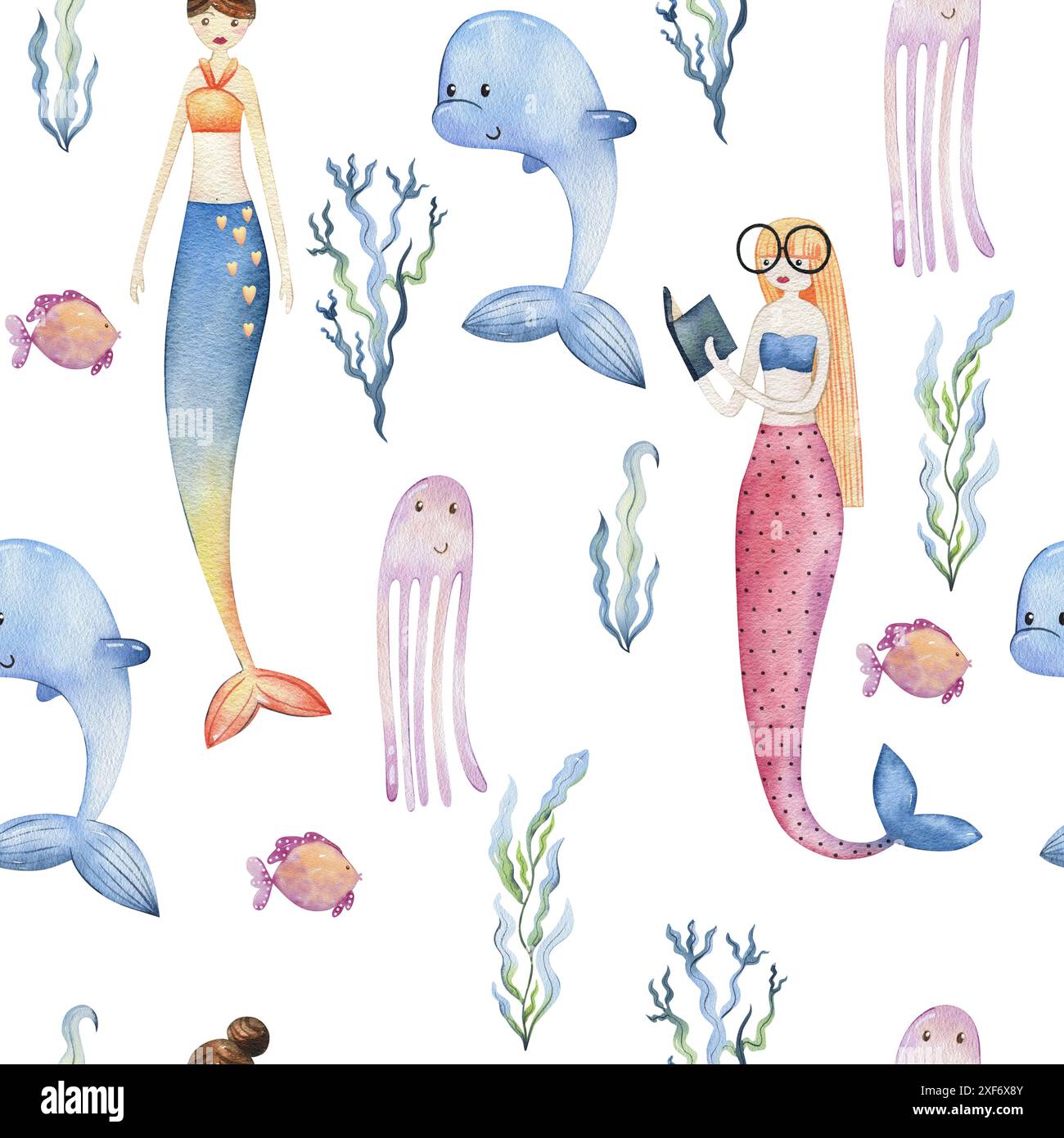 Watercolor seamless pattern with cute mermaids and sea animals Stock ...