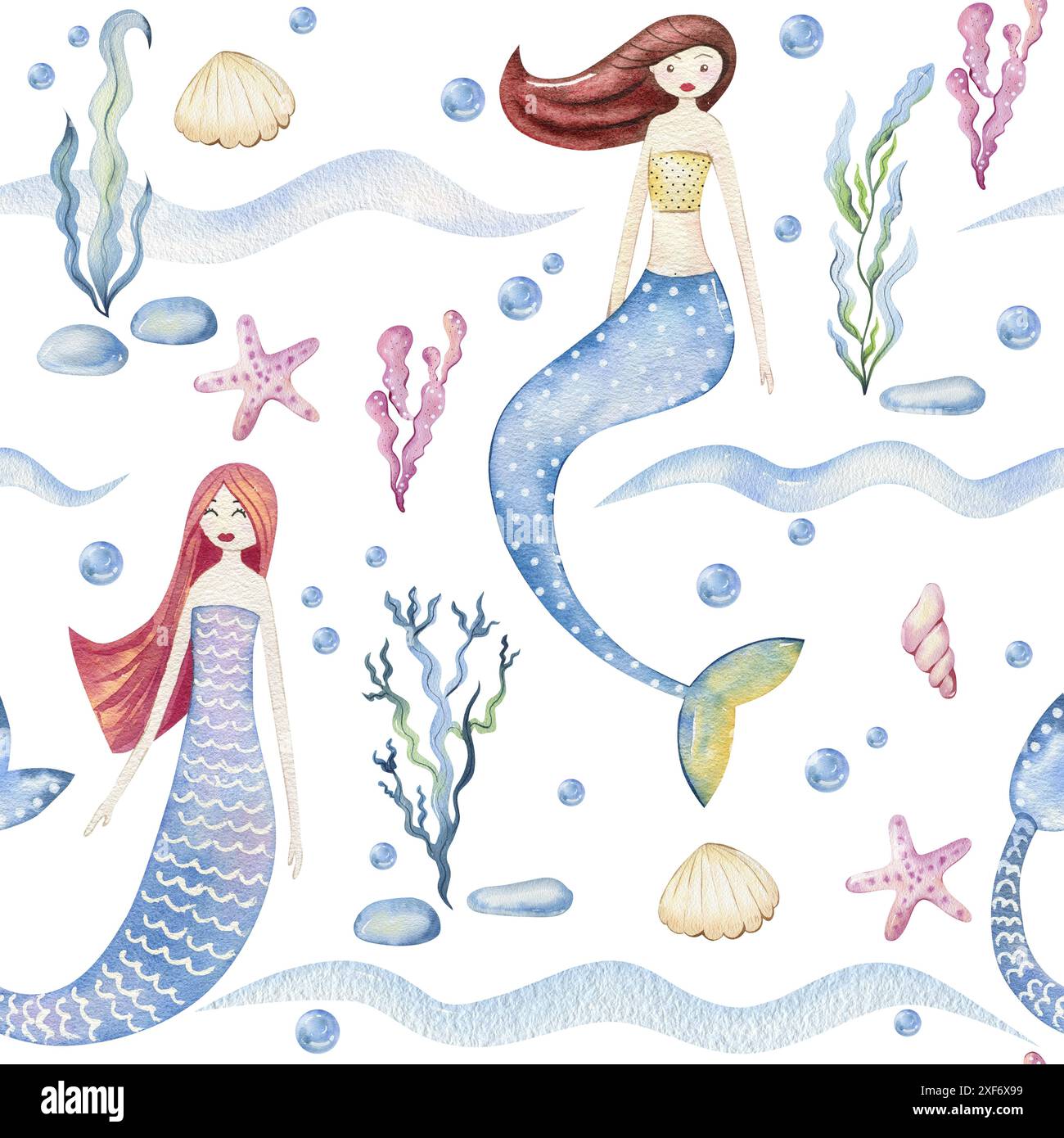 Watercolor seamless pattern with cute mermaids and shells Stock Photo ...