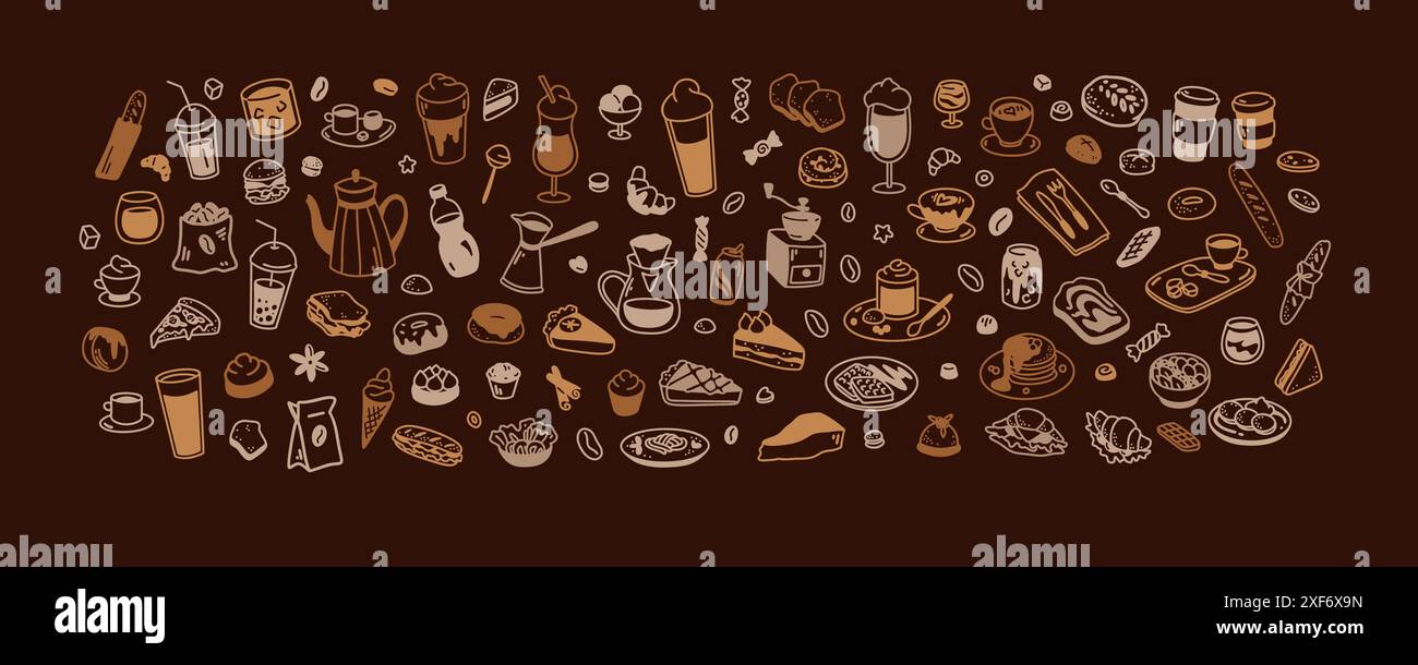 Coffee chalkboard. Hot, cold drinks and desserts in doodle stile. Cute ...
