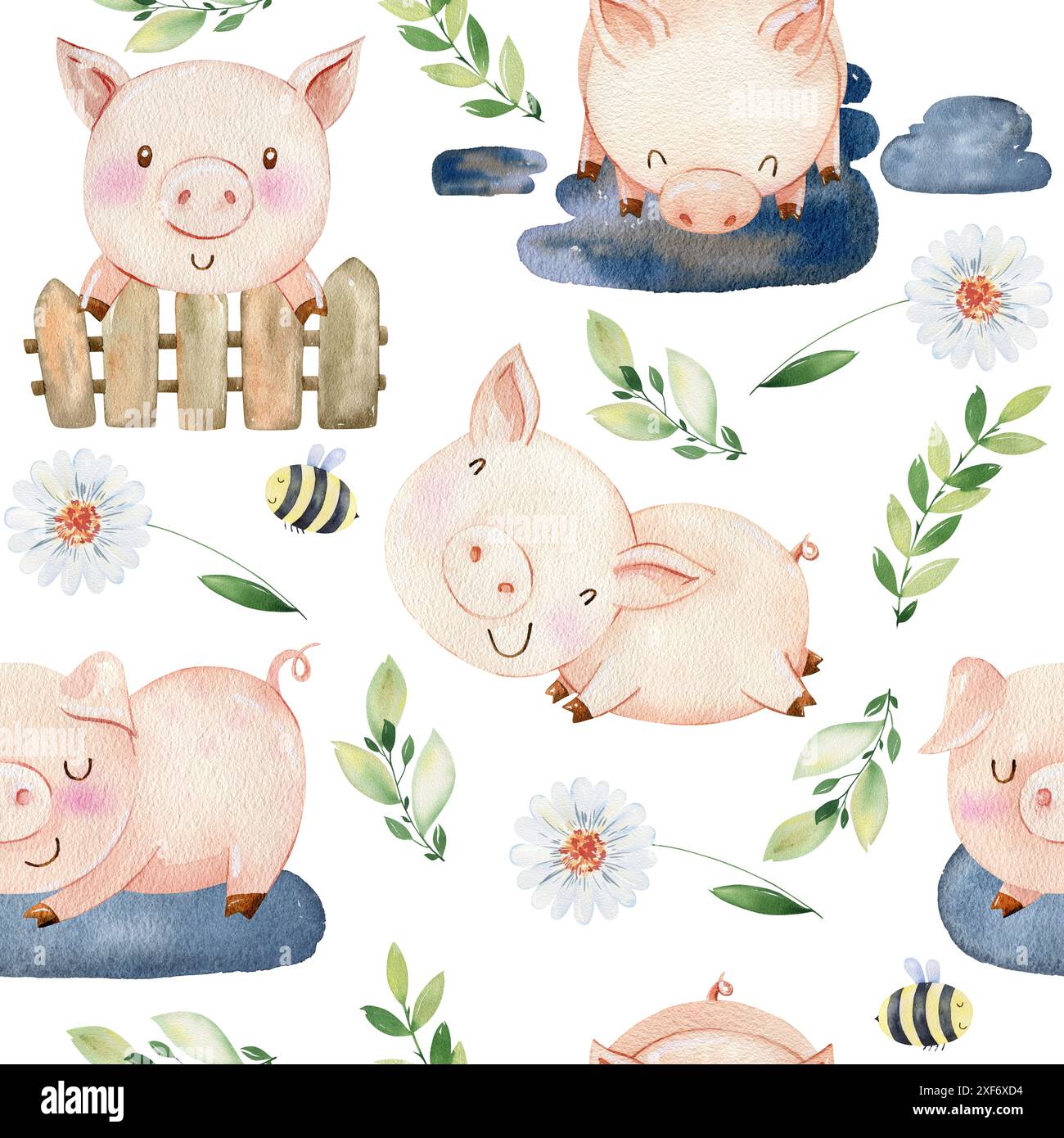 Watercolor seamless pattern with funny pigs. Background for fabric ...