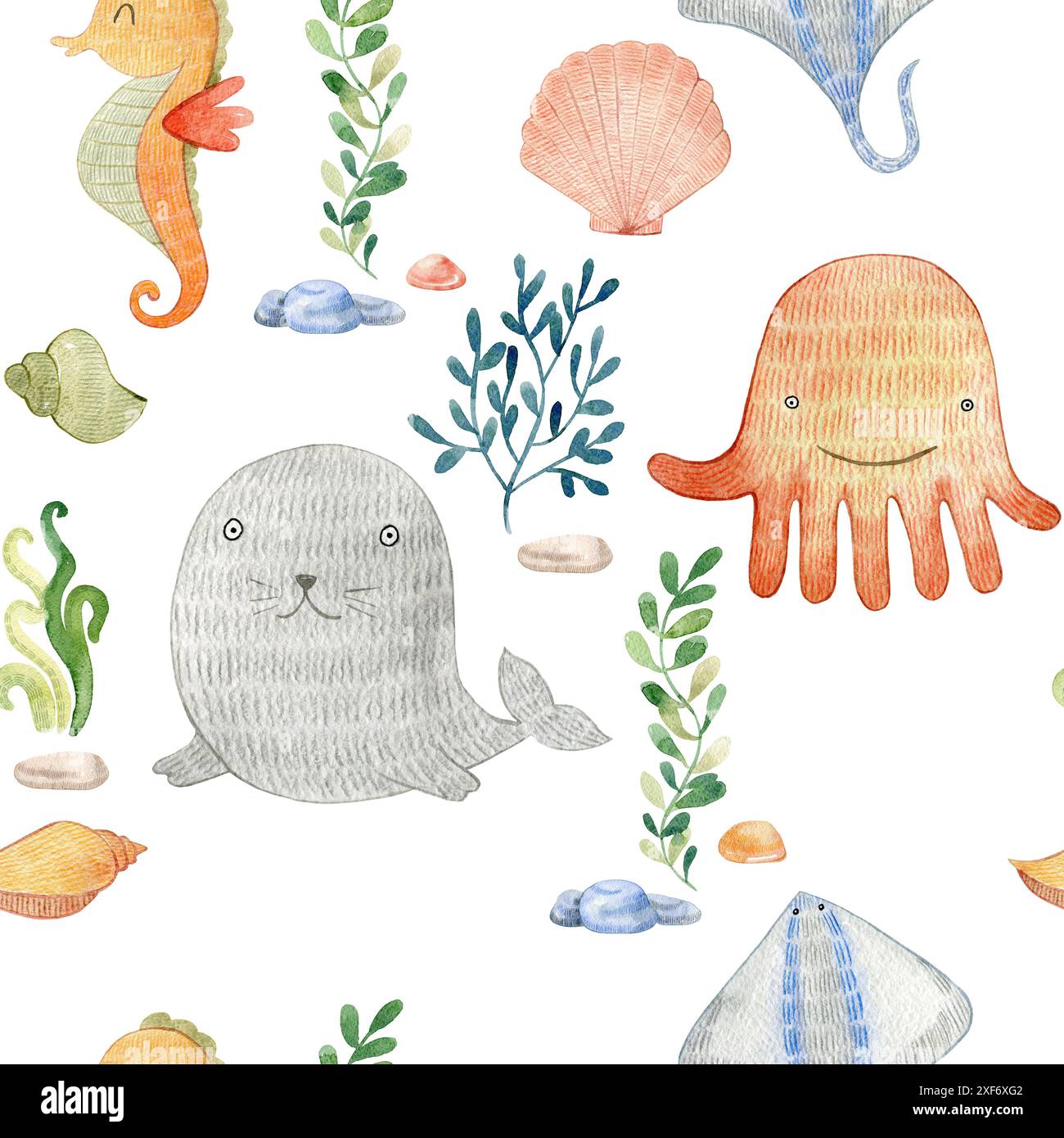 Watercolor seamless pattern with sea creatures. Nautical marine ...
