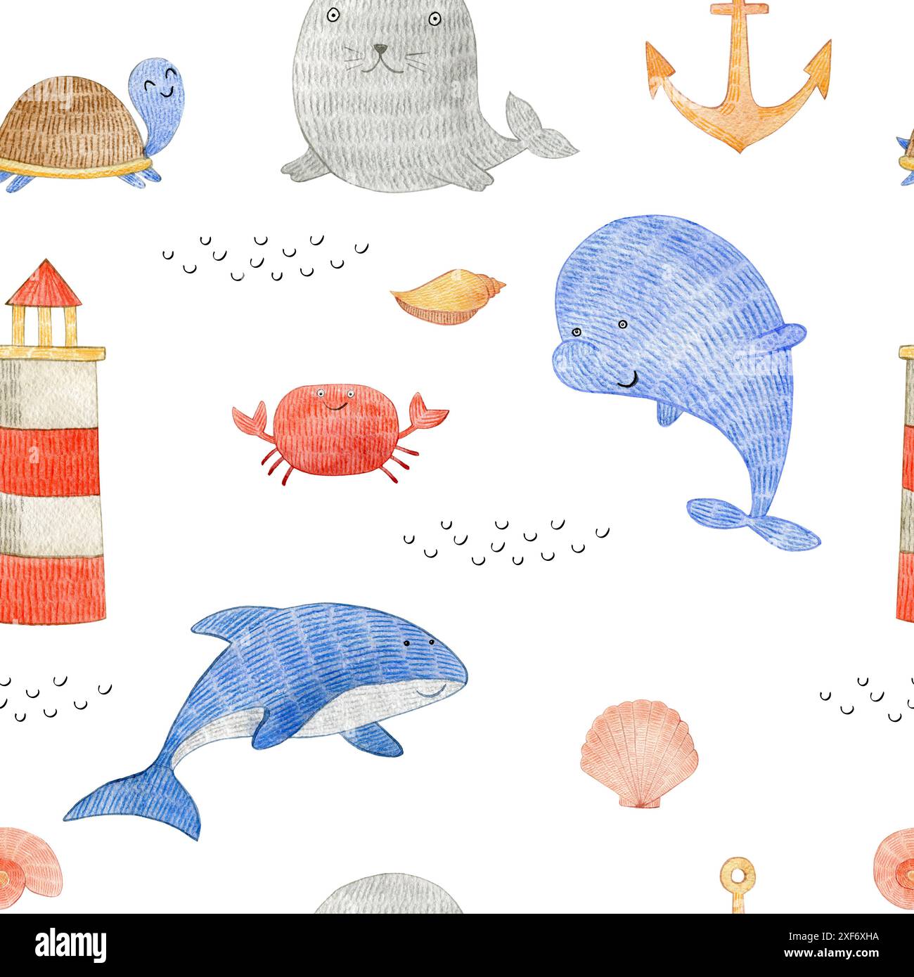 Watercolor seamless pattern with sea creatures. Nautical marine ...