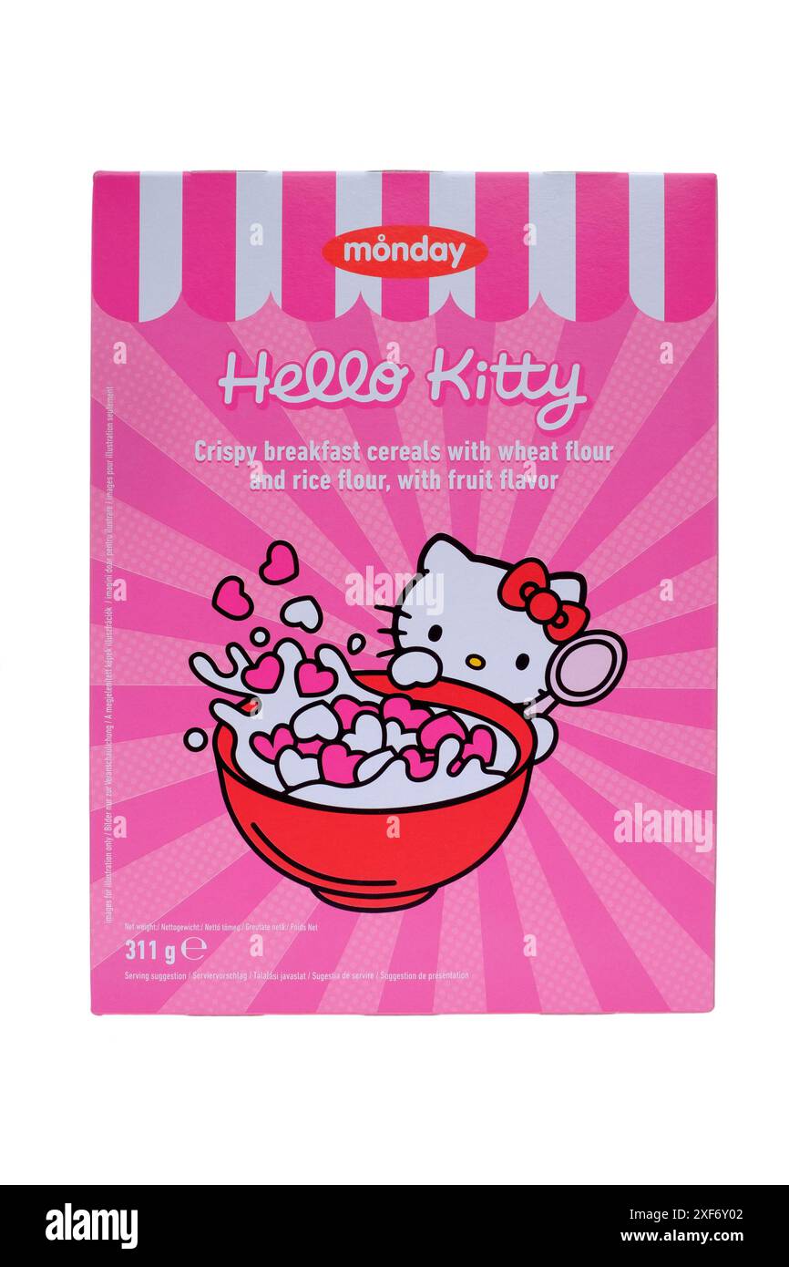 box of monday hello kitty breakfast cereal cut out against white ...