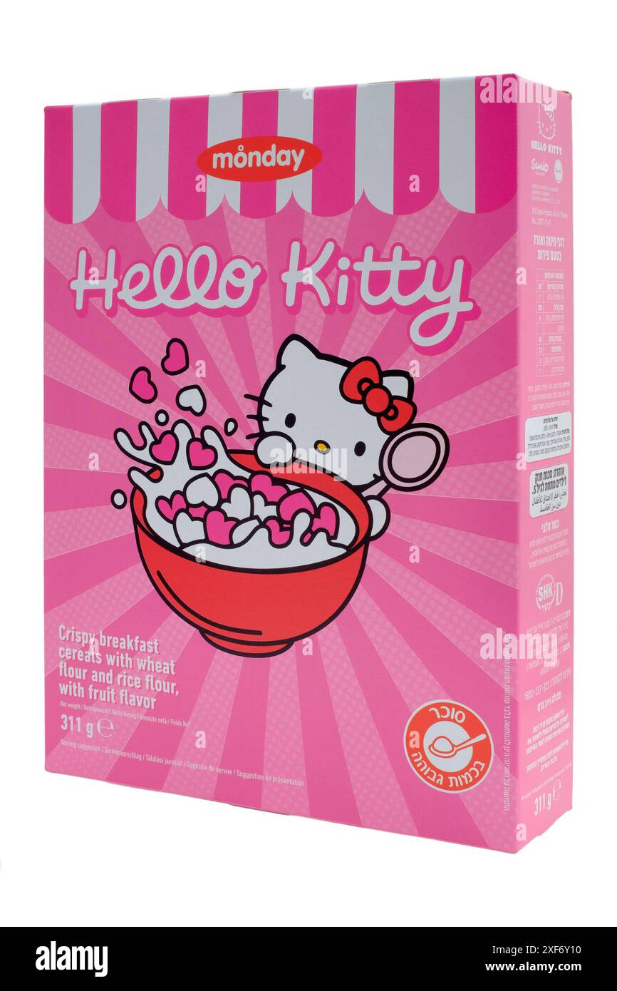 box of monday hello kitty breakfast cereal cut out against white ...