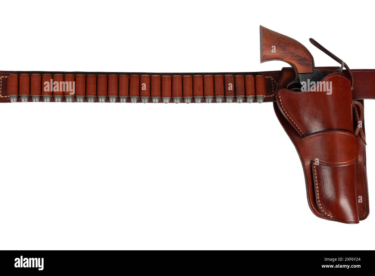 Old west weapon. Leather gun belt with ammnunitions and revolver in ...
