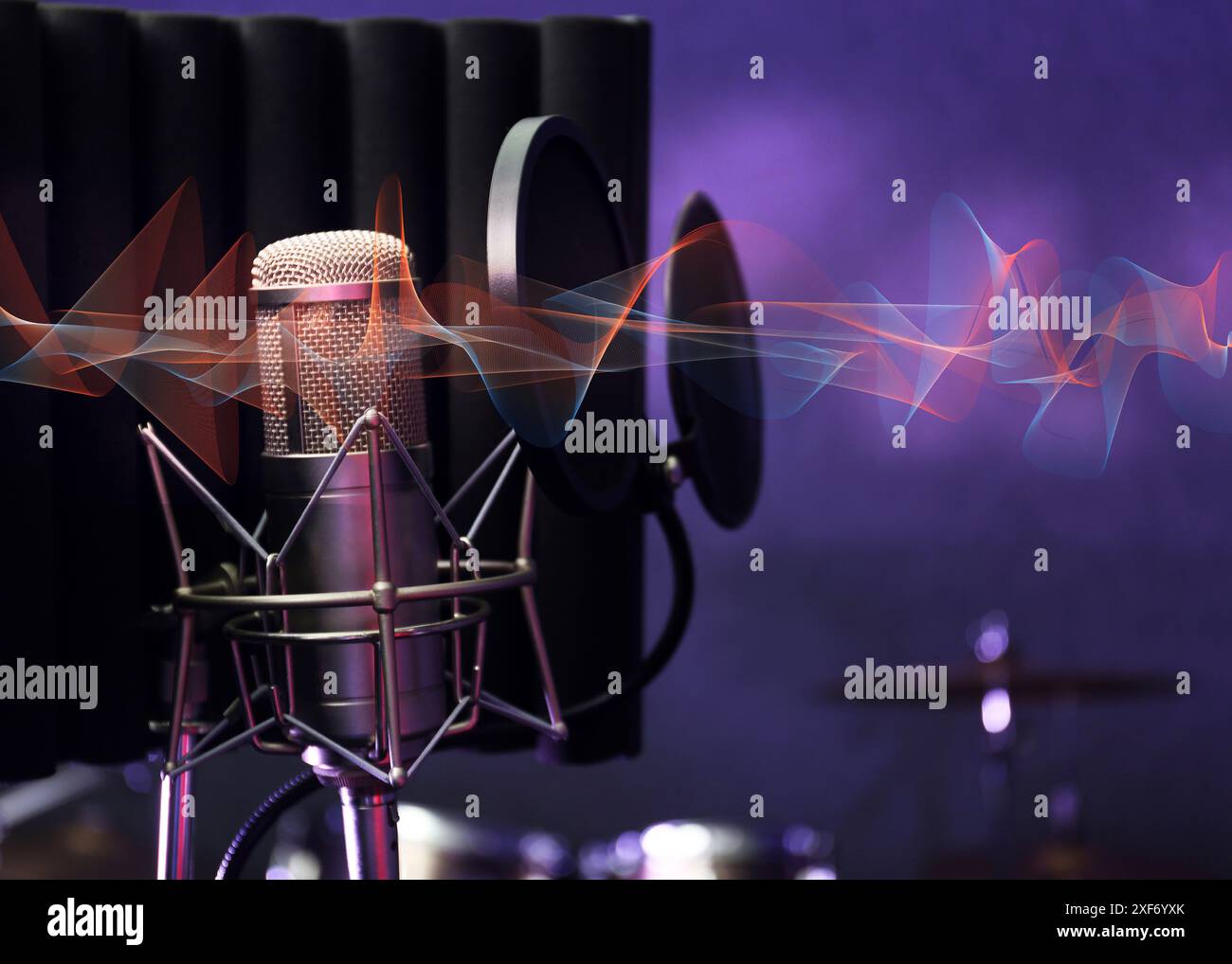 Microphone and sound waves in record studio Stock Photo - Alamy
