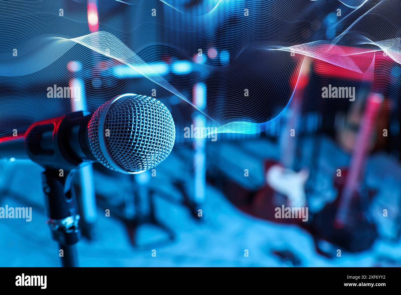 Microphone and sound waves in record studio, color toned Stock Photo ...