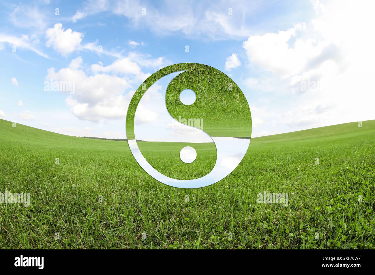 Yin-yang symbol and green meadow under beautiful sky Stock Photo - Alamy