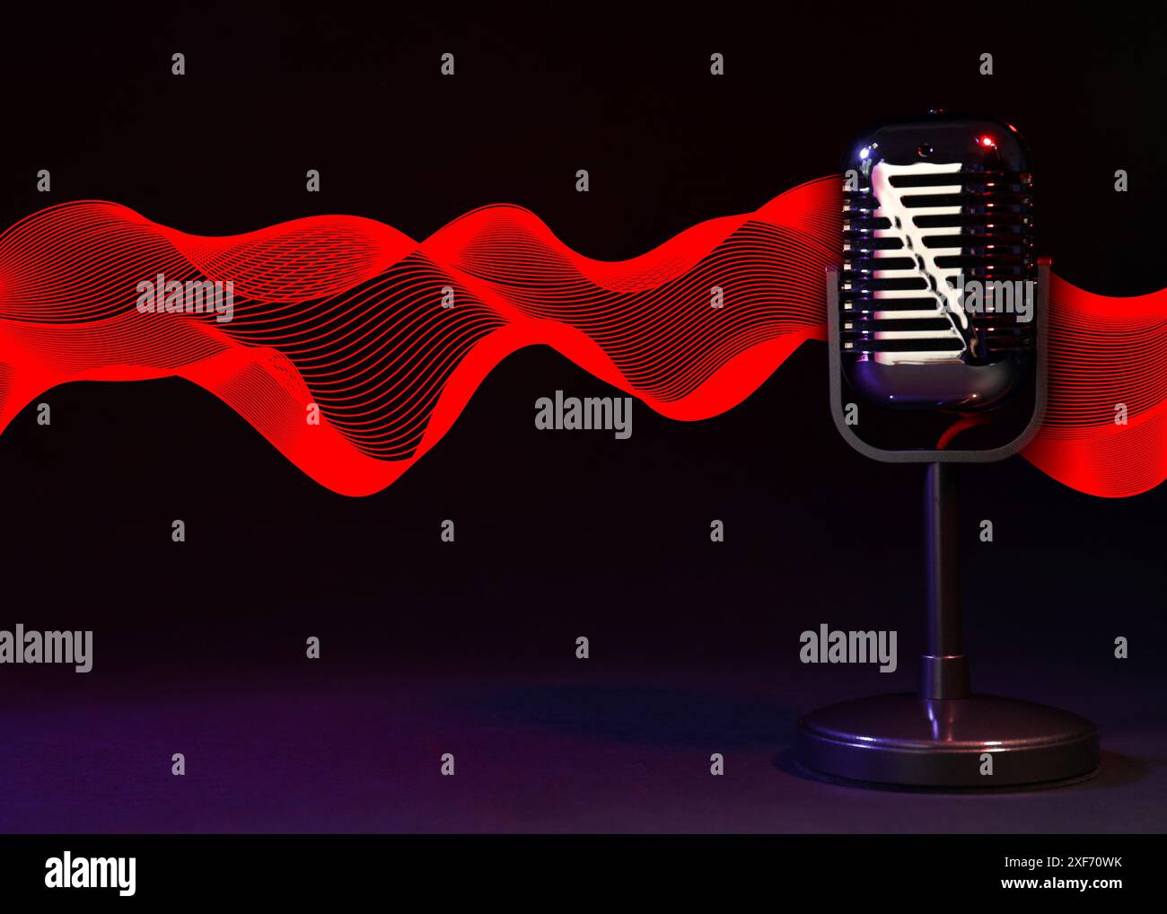 Microphone and red sound waves on black background Stock Photo - Alamy