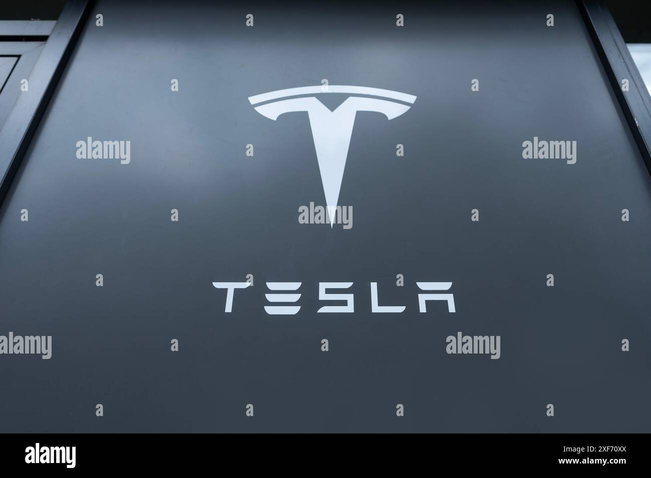 advertising logo Tesla Motors on facade, electric cars company elon ...