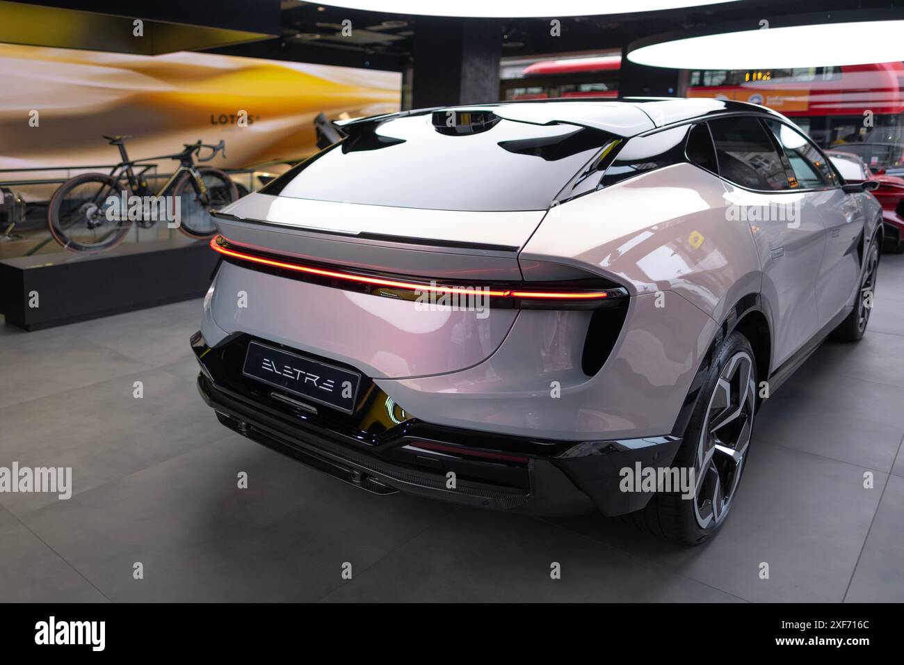 rear view grey battery-Electric Hyper-SUV Lotus Eletre in showroom ...