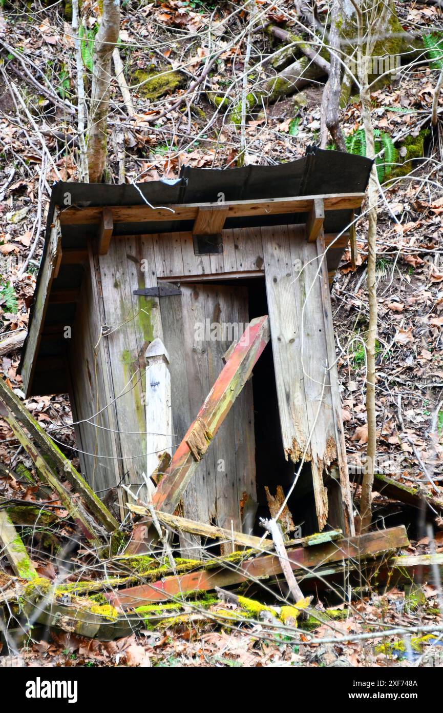 Old outhouse is rotting and broken. Door is ajar and fence posts lean ...