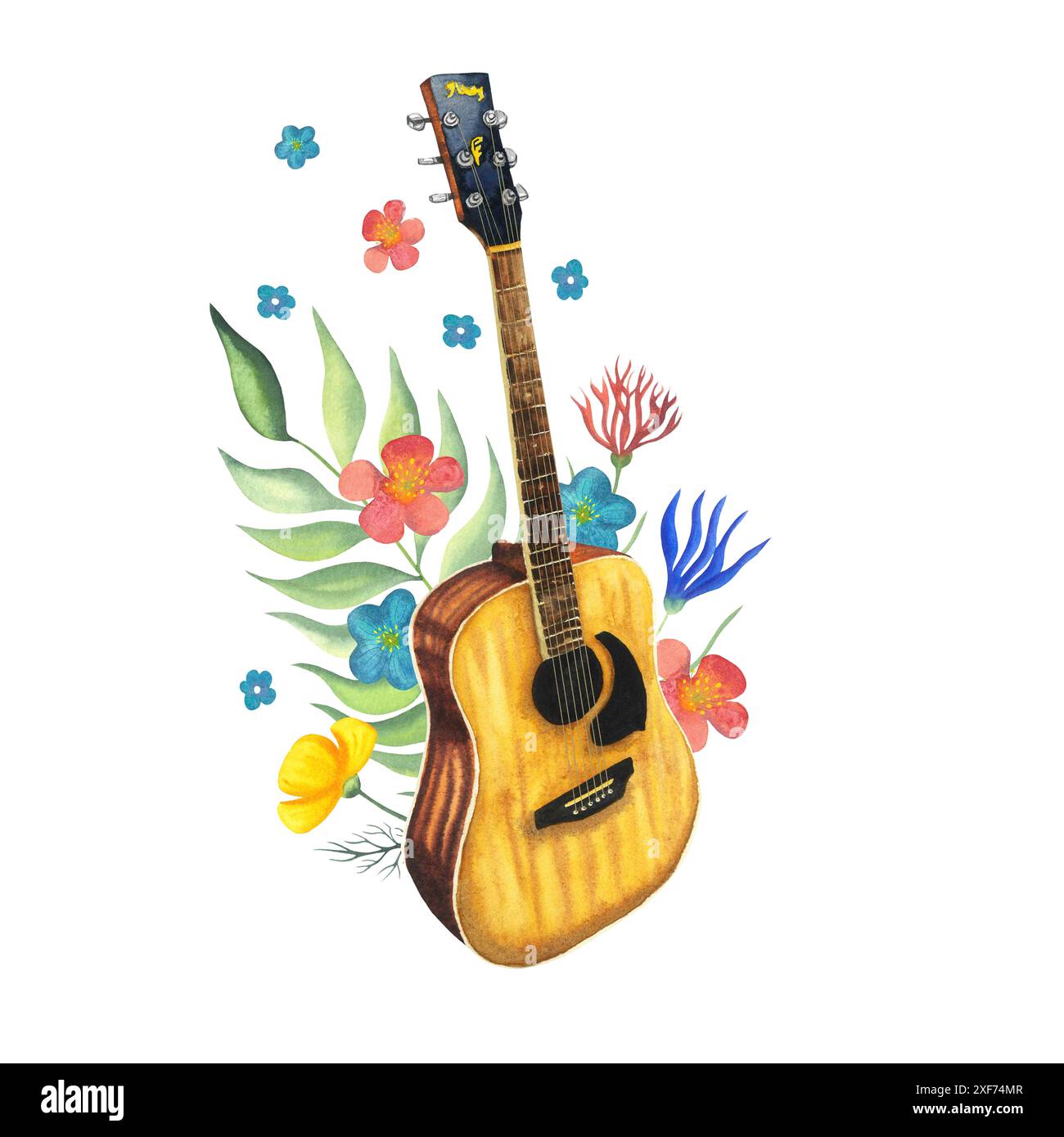 Watercolor Acoustic Guitar with flowers. Hand painted illustration of ...