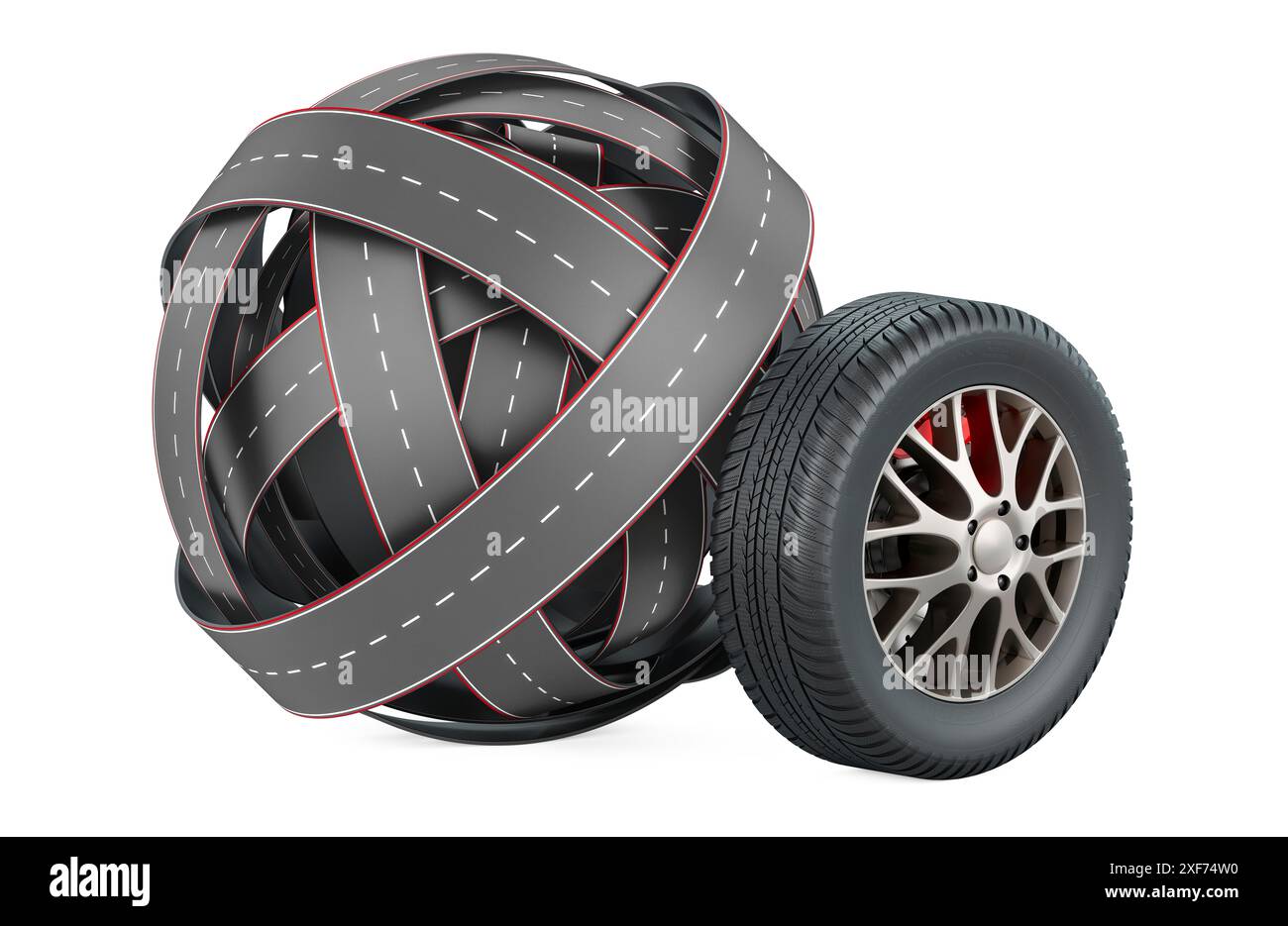 Roads knot with car wheel, 3D rendering isolated on white background ...