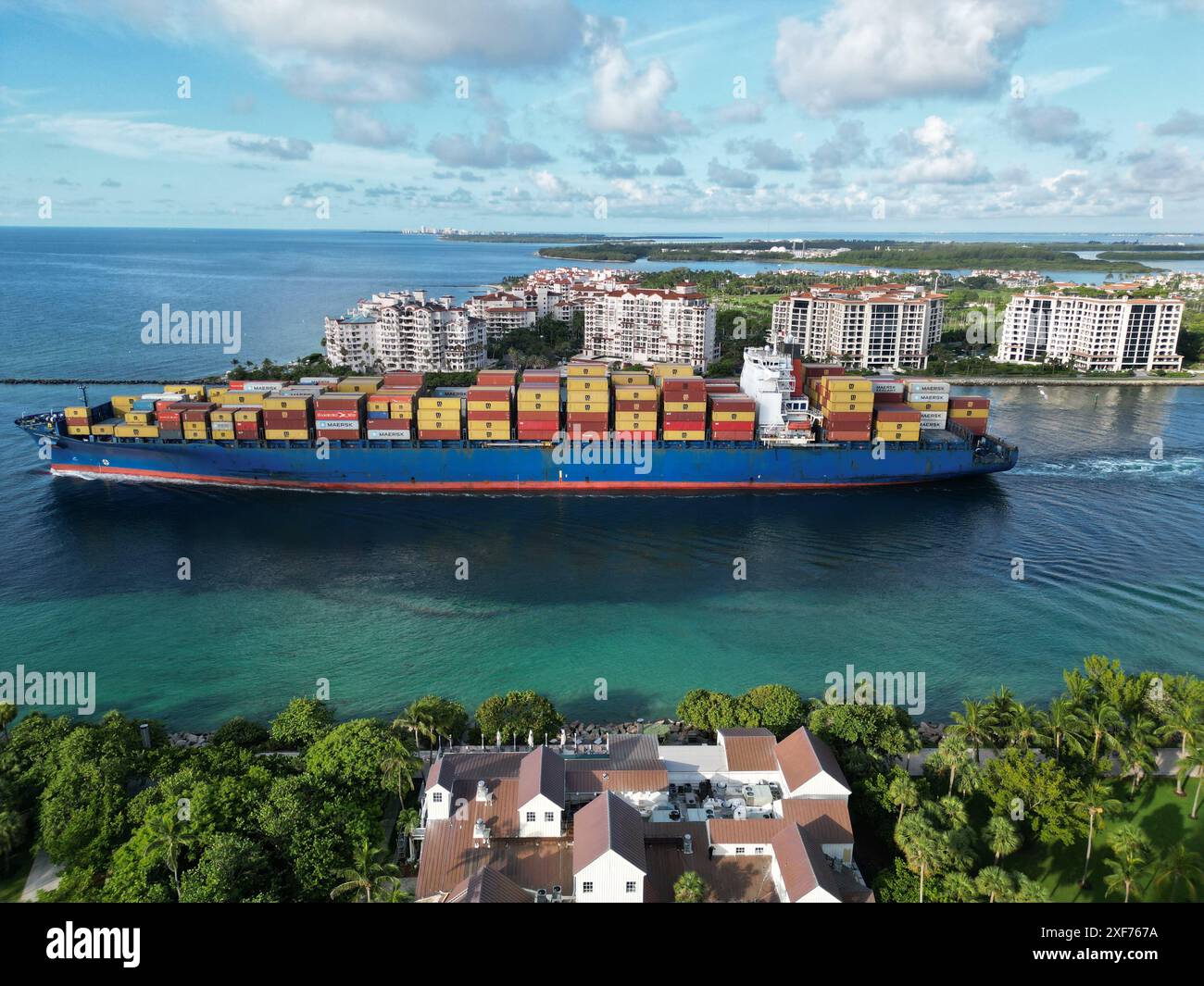 Miami, Florida, USA - June 07, 2024: Cargo ship barge in Miami Biscayne ...