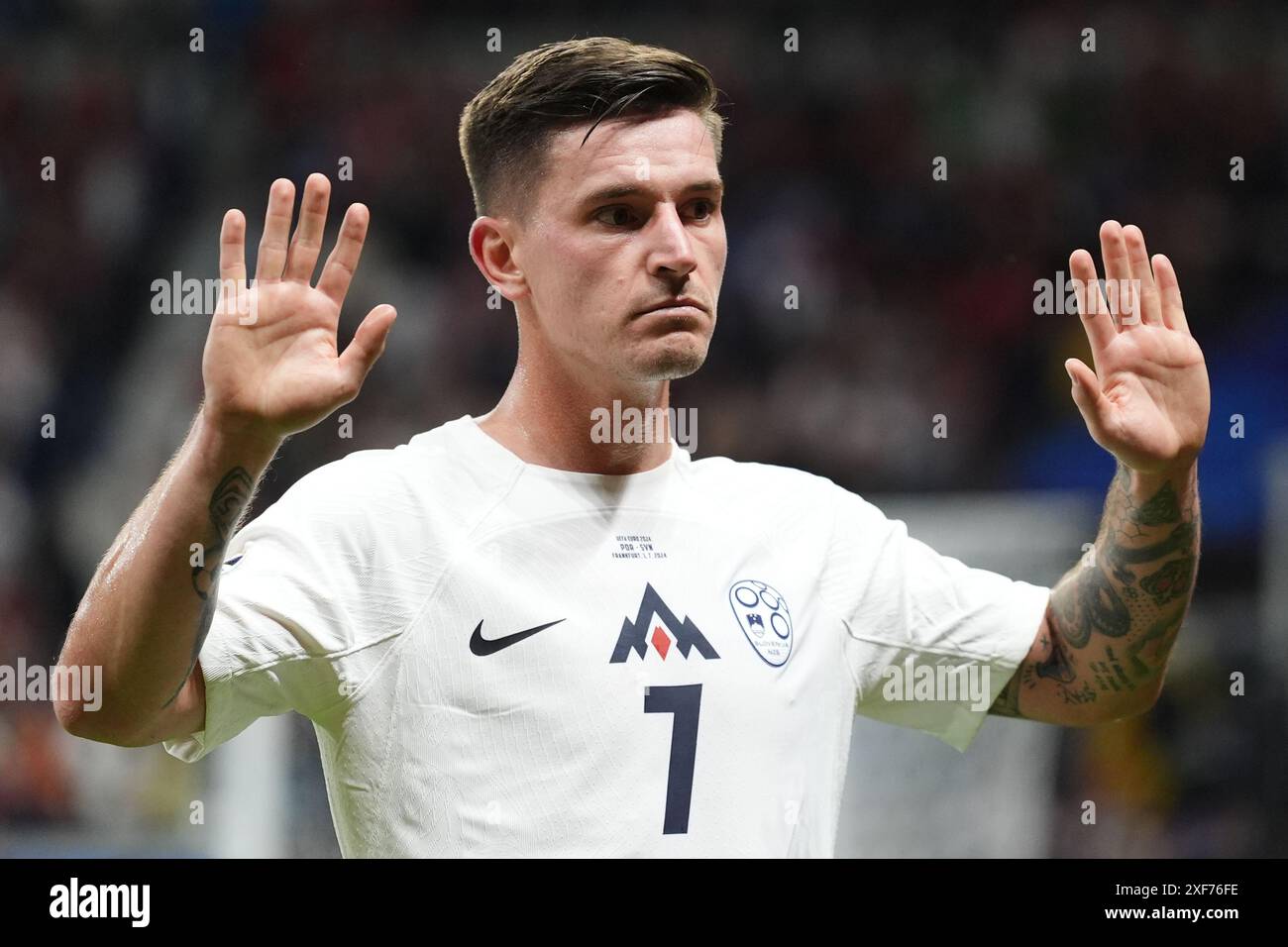 Slovenia's Benjamin Verbic reacts after a penalty is awarded for ...