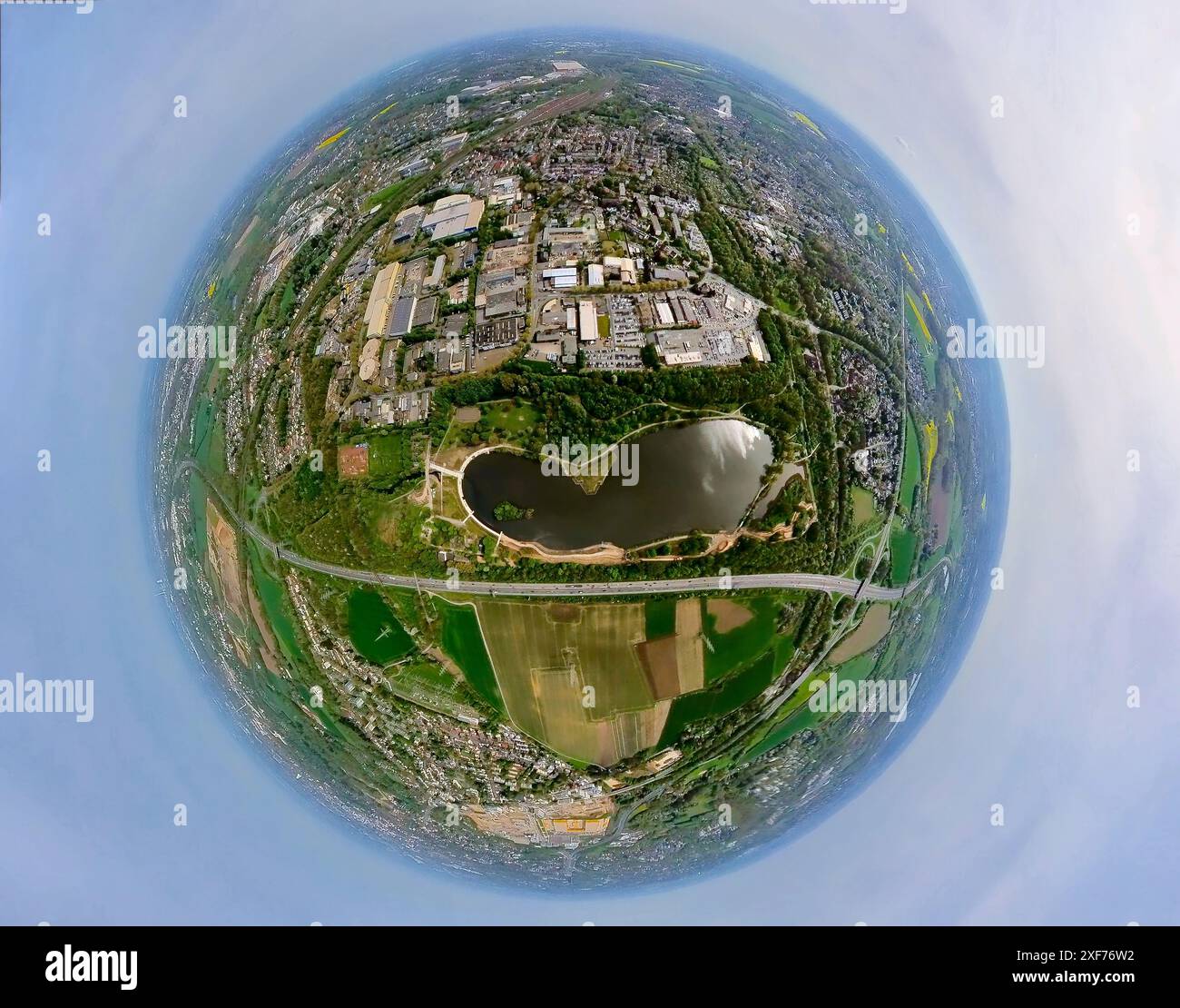 Aerial view, Ümminger See with construction site of the promenade ...