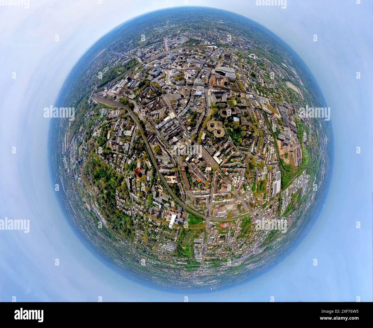Aerial view, downtown city view with town hall, globe, fisheye image ...