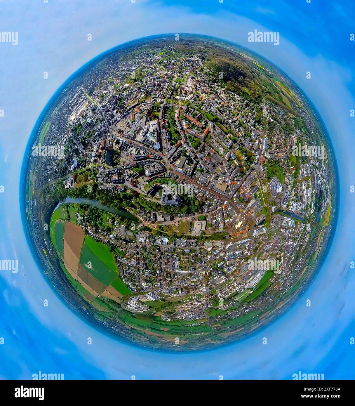 Aerial view, overview of the city and picturesque old town of Kleve ...