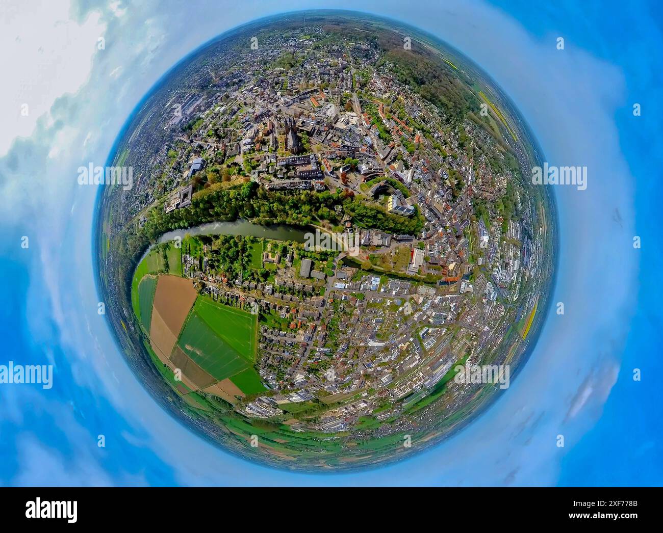 Aerial view, overview of the city and picturesque old town of Kleve ...
