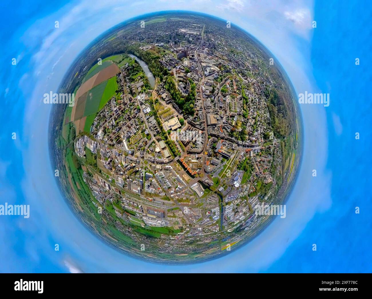 Aerial view, overview of the city and picturesque old town of Kleve ...